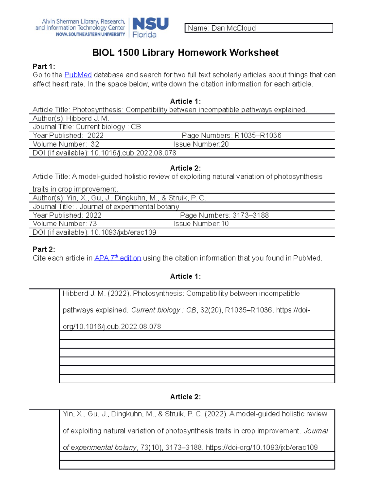 Lab 7 Sources HW - BIOL 1500 Library Homework Worksheet Part 1: Go to ...