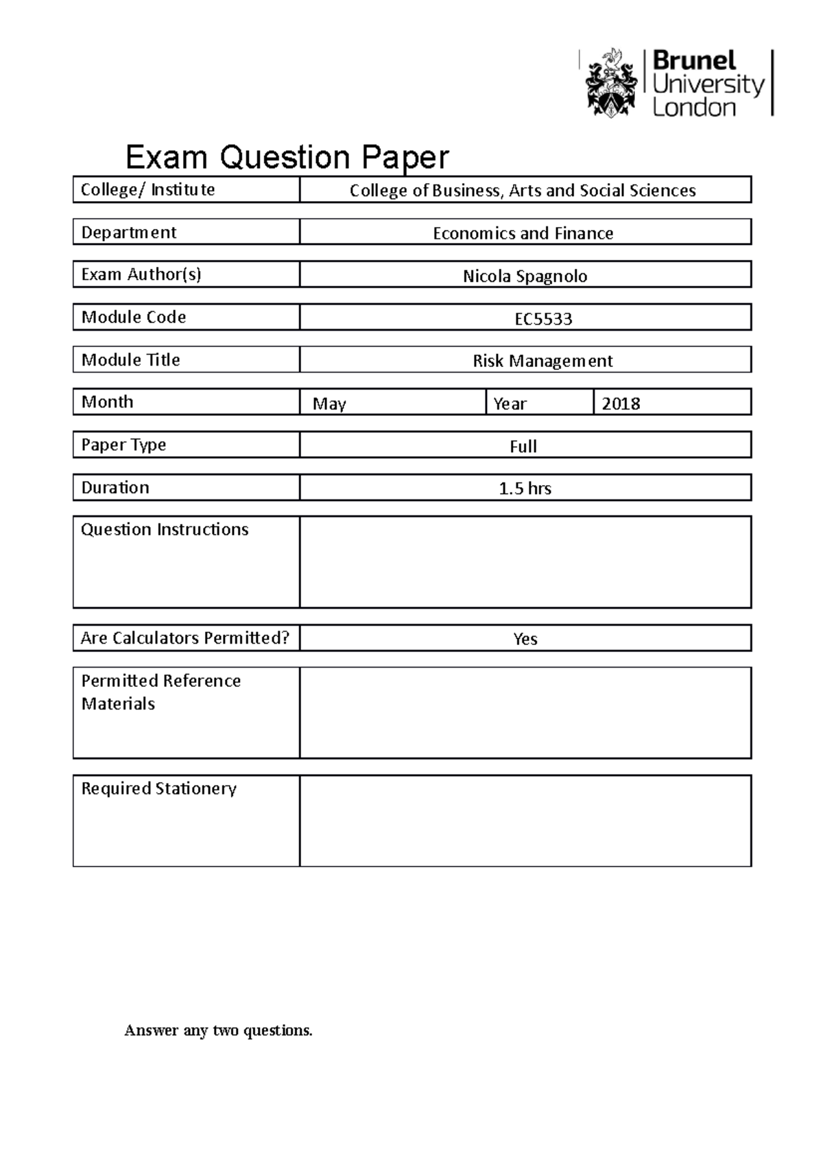 EC5533 May 2018 - final may exam paper - Exam Question Paper College ...
