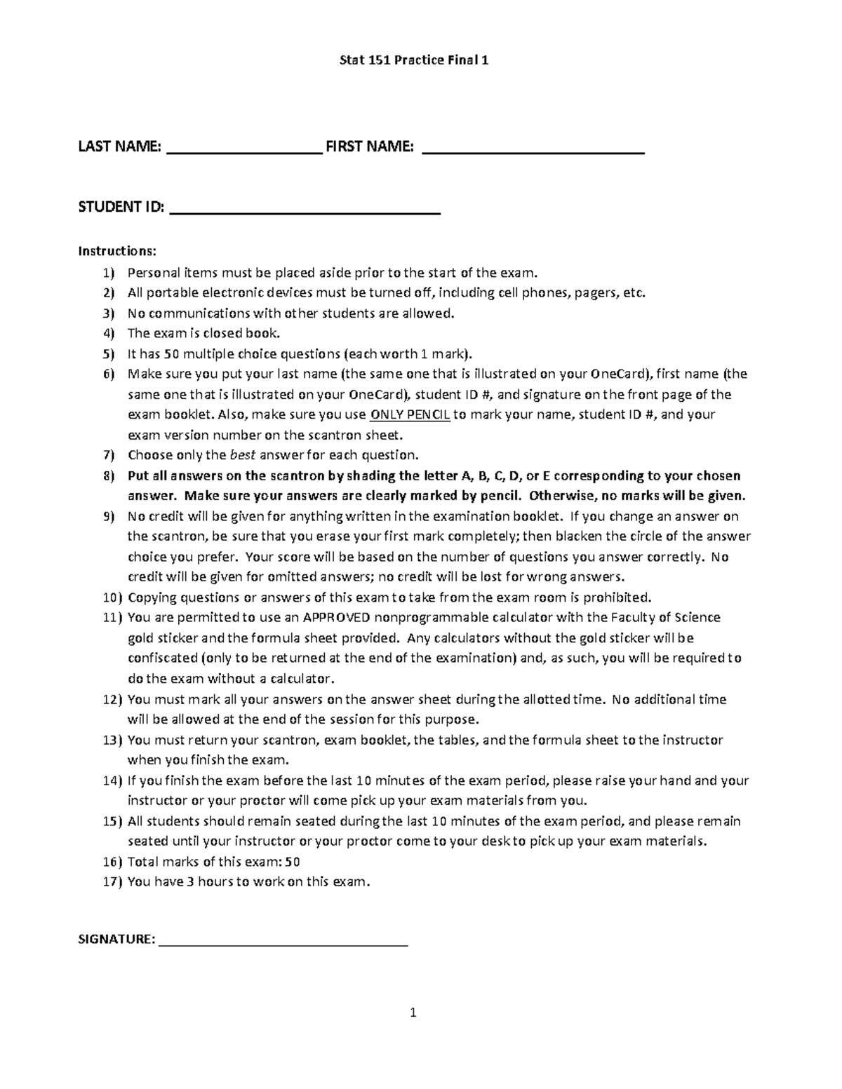 Practice Final 1 with Answers - Final Draft - LAST NAME ...