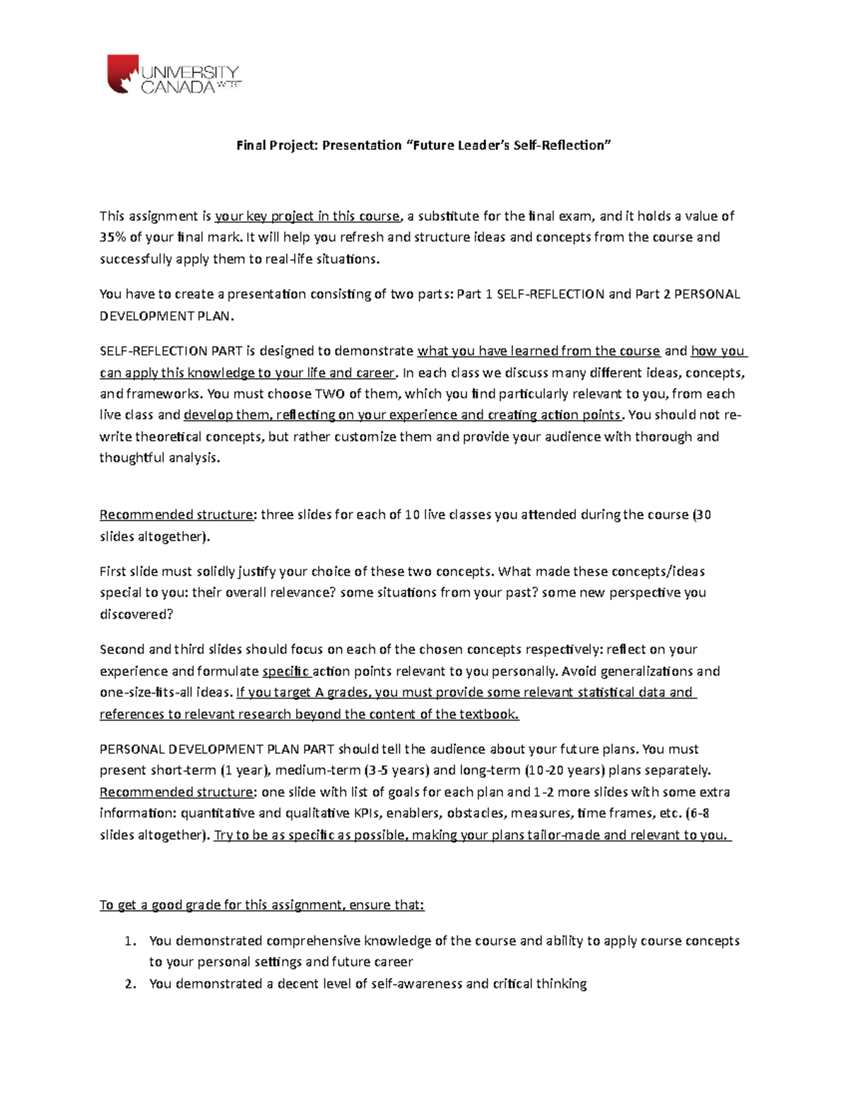 Final Project MGMT601 - SELF-REFLECTION and PERSONAL DEVELOPMENT PLAN ...