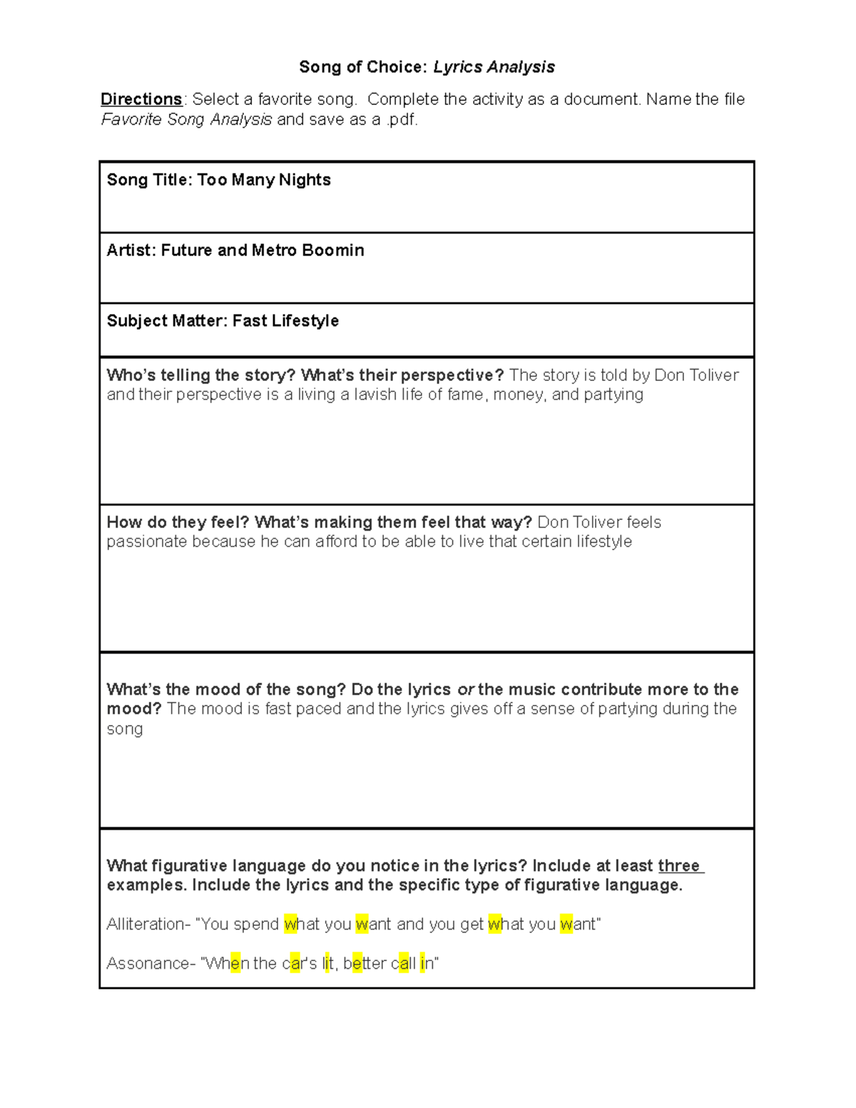 Favorite Song Analysis - Song of Choice: Lyrics Analysis Directions ...