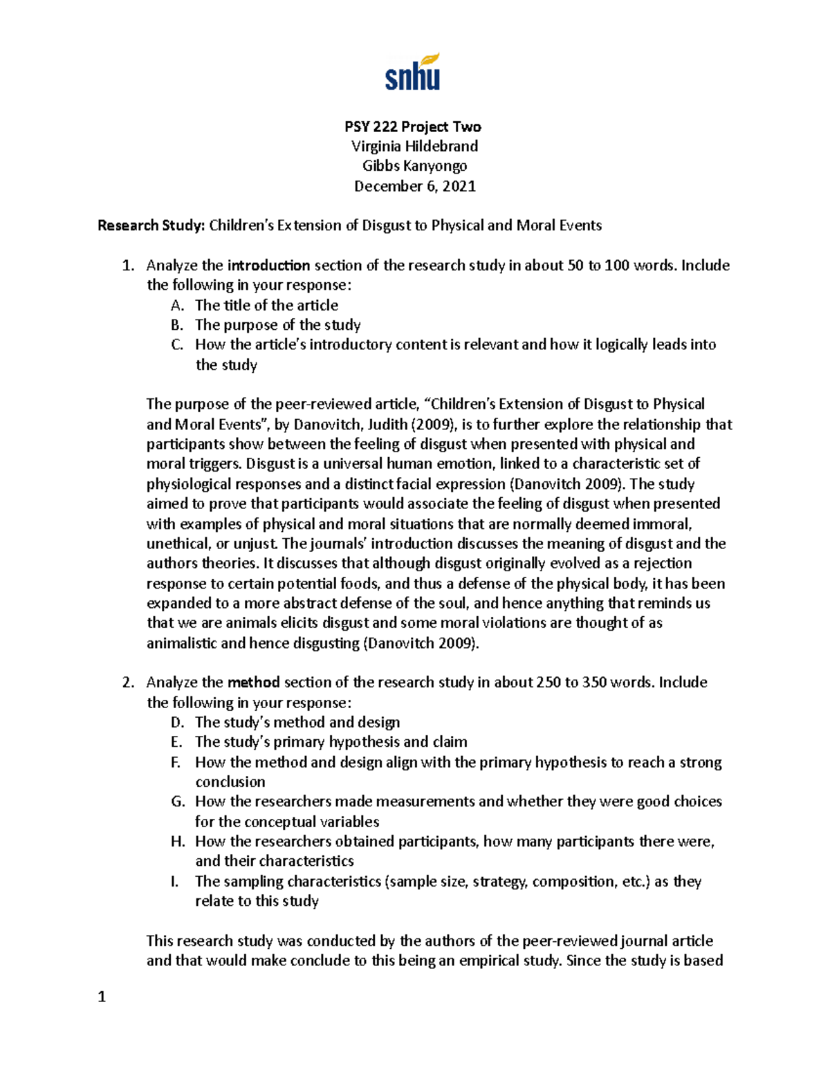 PSY222 Project Two - PSY 222 Project Two Virginia Hildebrand Gibbs ...