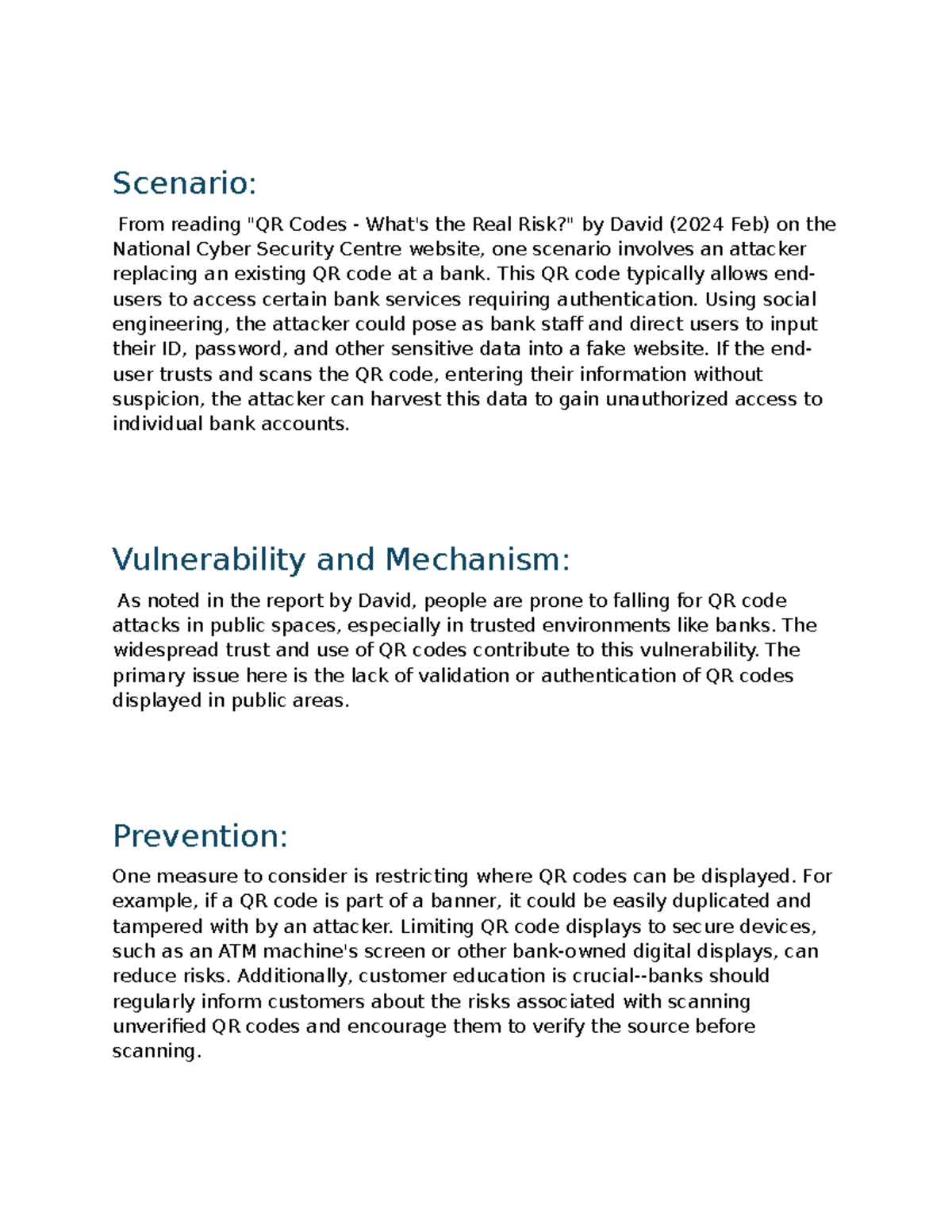 Writing Assignment WEEK2 - Scenario: From reading "QR Codes - What's the Real Risk?" by - Studocu