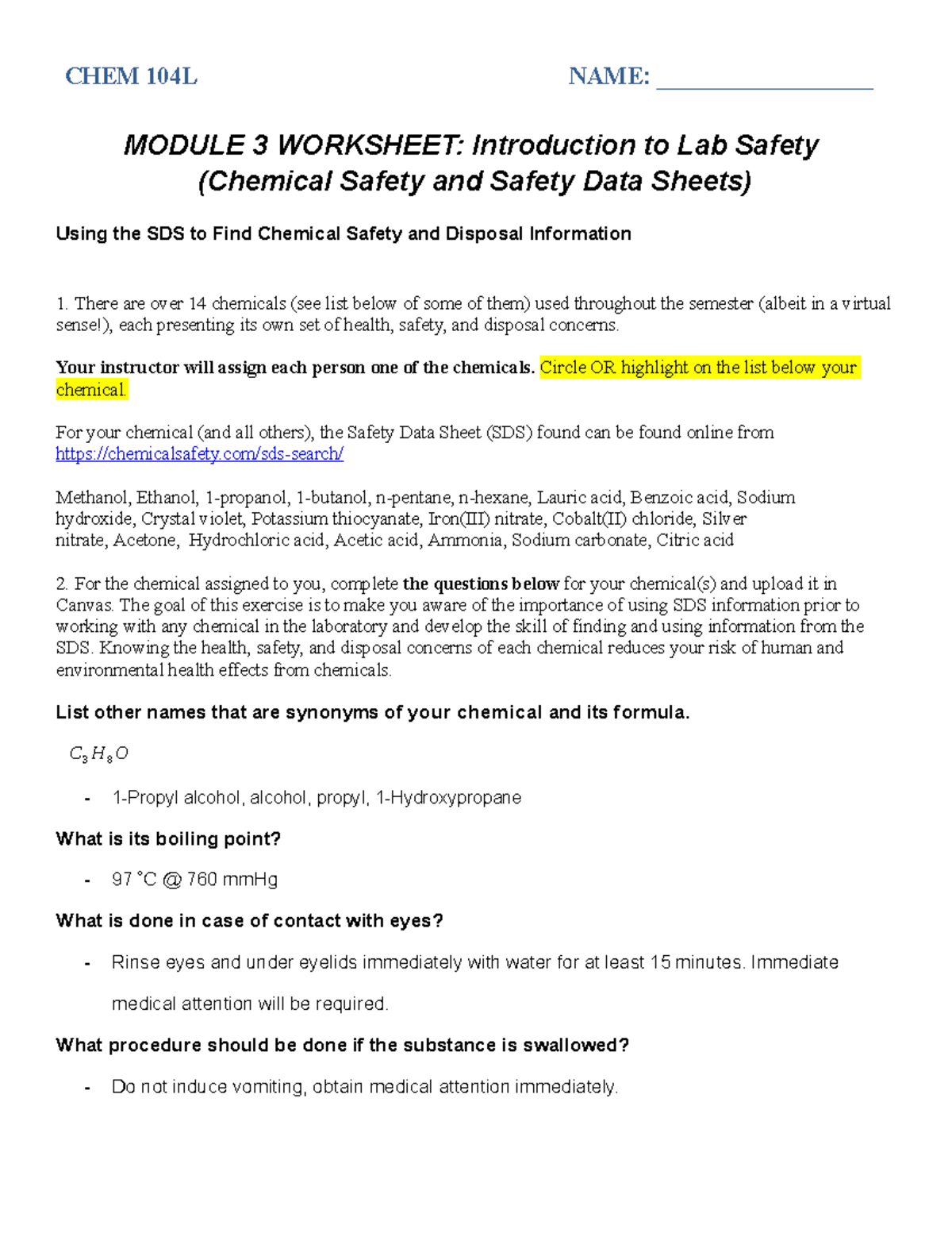 Module 3 Post-Lab Assignment-1 - CHEM 104L NAME: __________________ MODULE 3 WORKSHEET ...