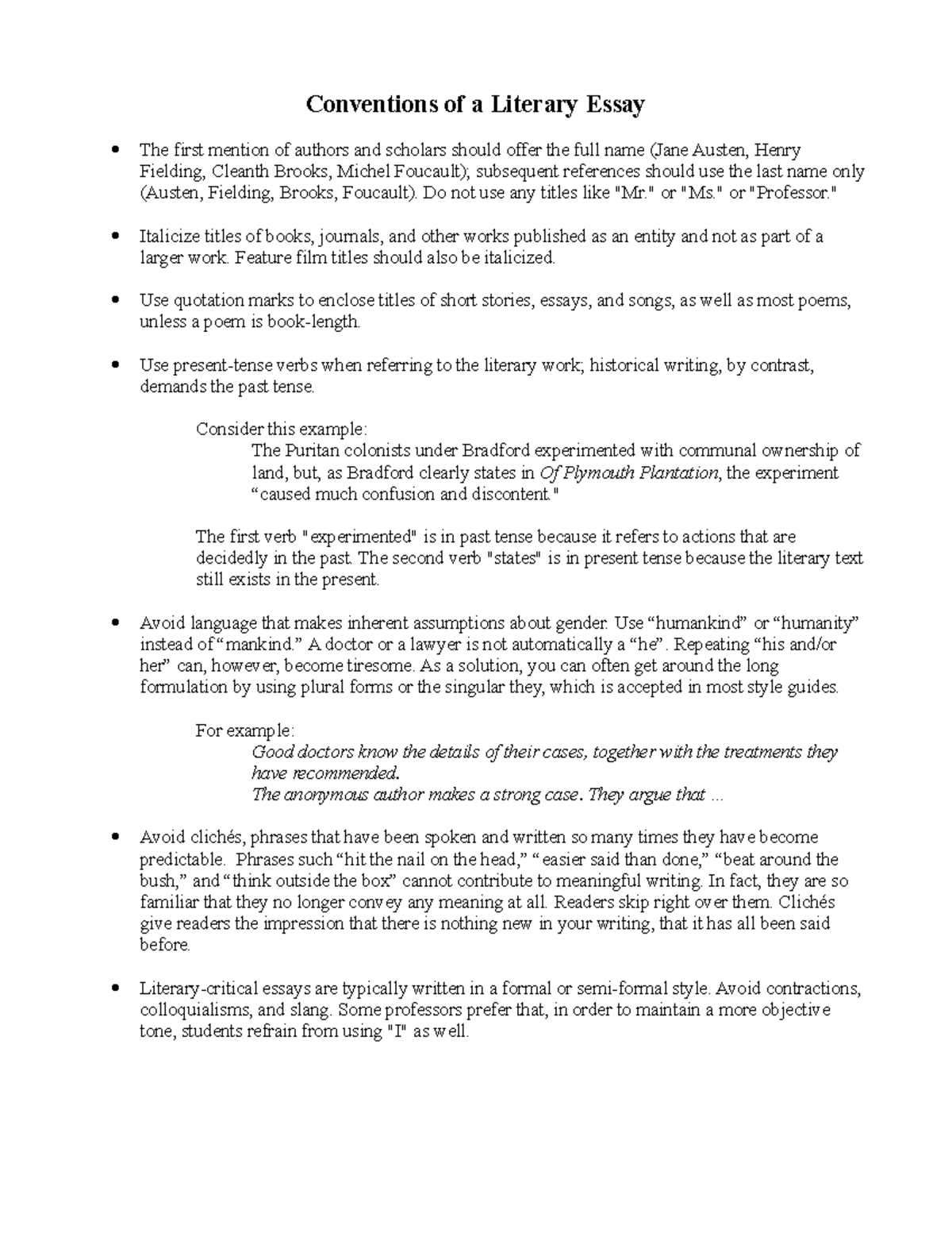 Conventions of a Literary Essay - Do not use any titles like "Mr." or ...