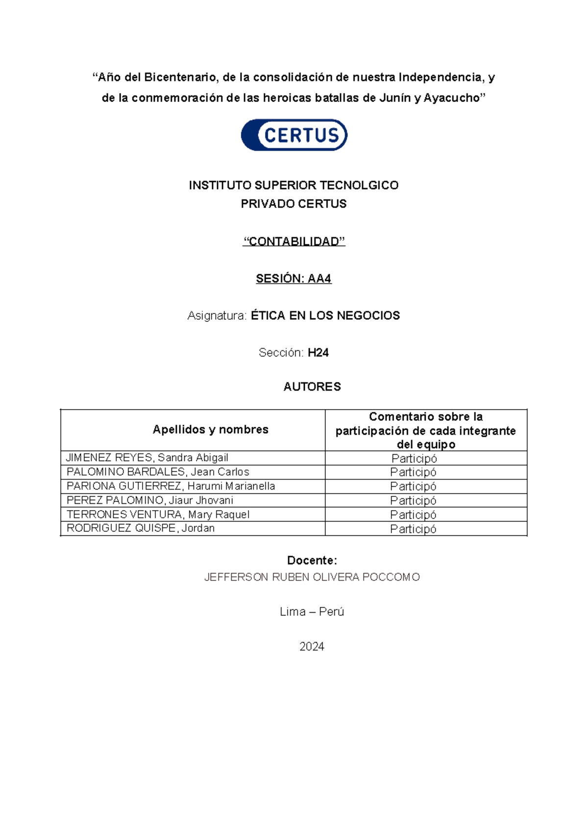 contabilidad- aa4 empresa real irl certus ciclo 2 - “Año del Bicentenario, de la consolidación ...
