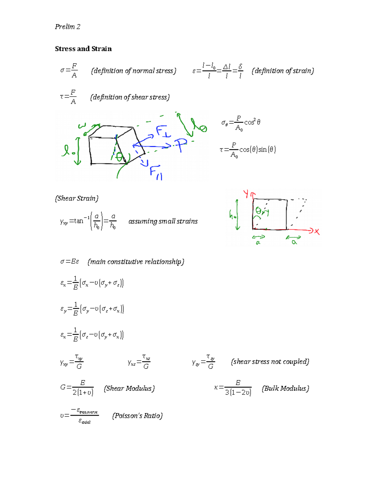 Equation Sheet Prelim 2 - Prelim 2 Stress and Strain σ= F A (definition ...
