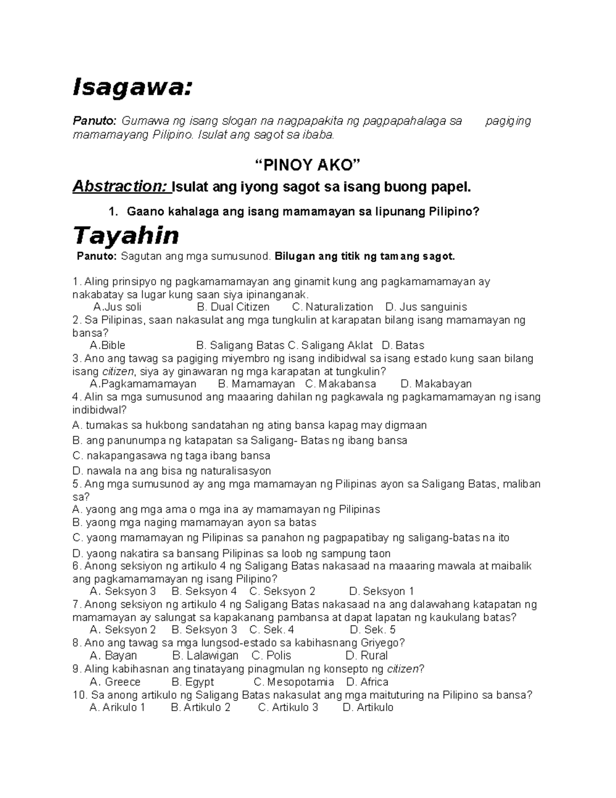 Ar Pan 10 Homework 1 - Nakaksjdjejwj - Isagawa: Panuto: Gumawa ng isang ...