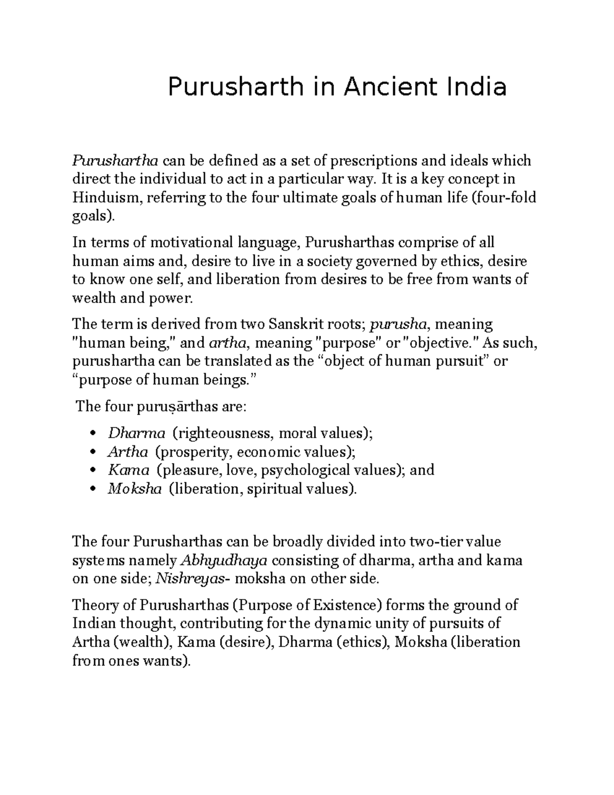 Purusharth in Ancient India - Purusharth in Ancient India Purushartha ...