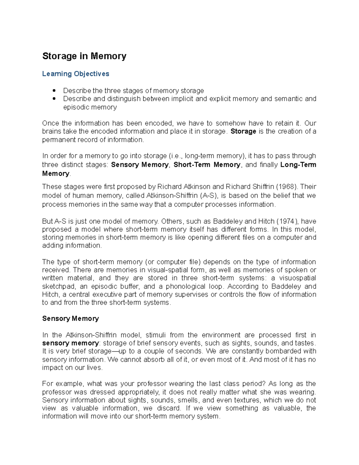 Storage in Memory - Storage in Memory Learning Objectives Describe the ...