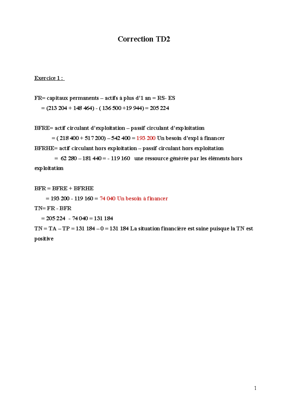Correction TD2 - Correction TD Exercice 1 : FR= capitaux permanents – actifs à plus d’1 an = RS ...