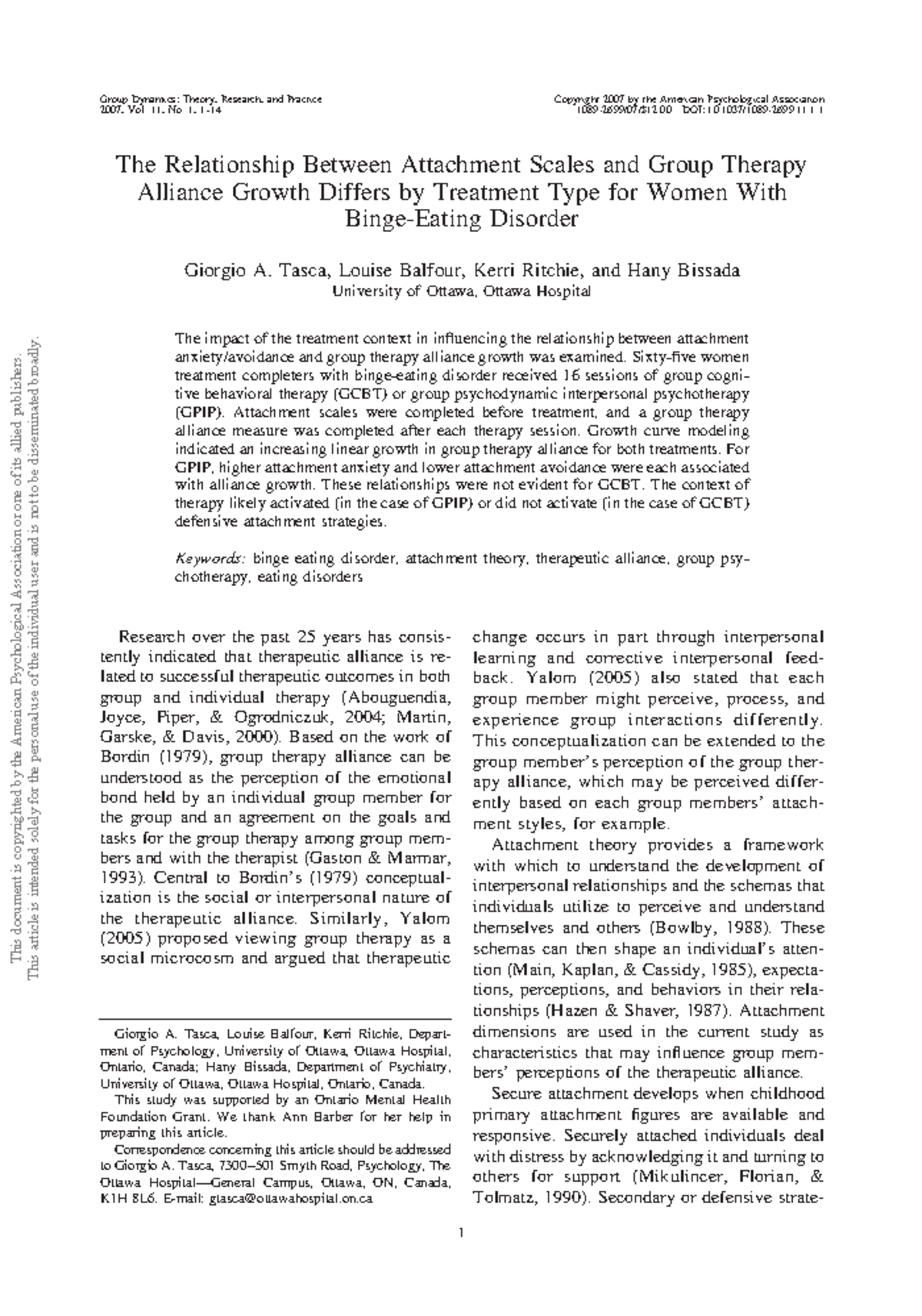 The Relationship Between Attachment Scales and Group Therapy - Tasca ...
