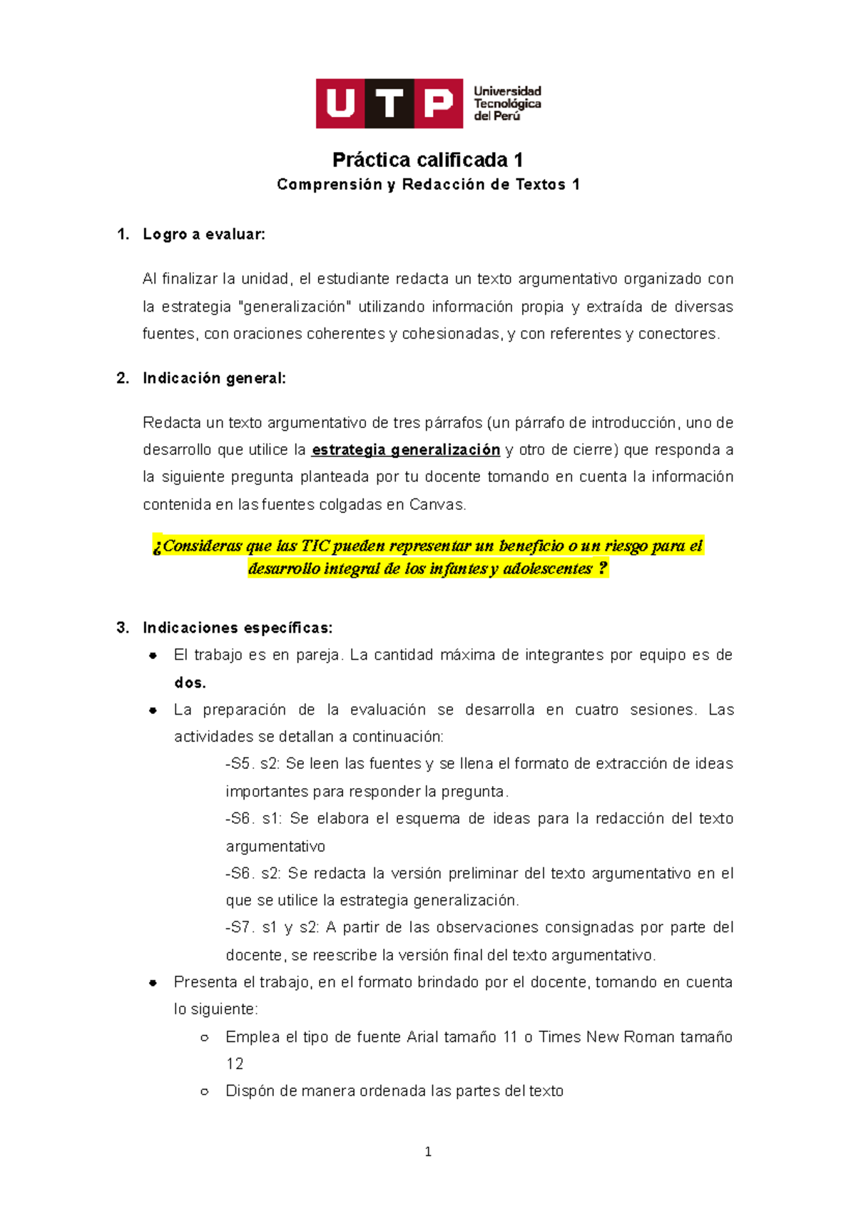 GC N01I PC1Consigna 22C1M-2-1 - Práctica calificada 1 Comprensión y Redacción de Textos 1 1 ...