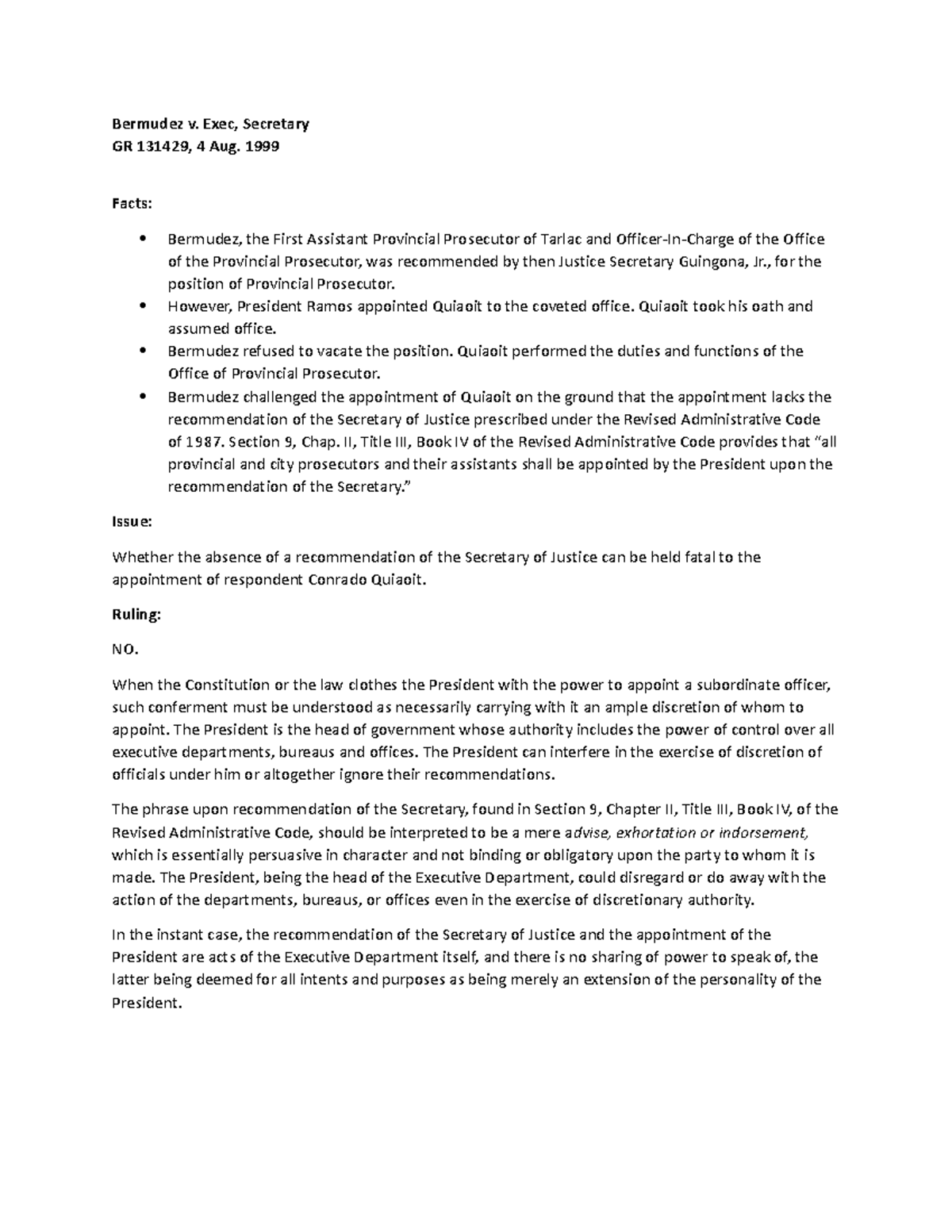 Sec 16 Bermudez v Exec Secretary - Bermudez v. Exec, Secretary GR ...