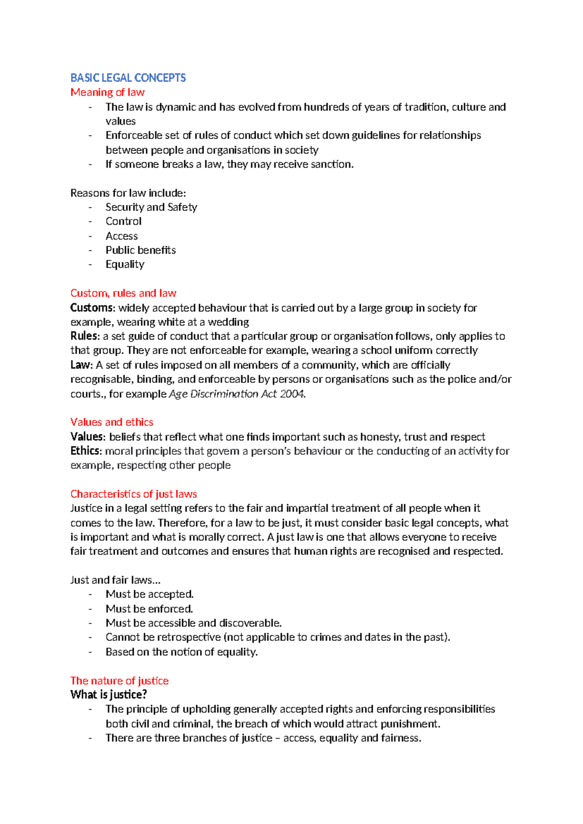 Legal studies notes - BASIC LEGAL CONCEPTS Meaning of law - The law is ...