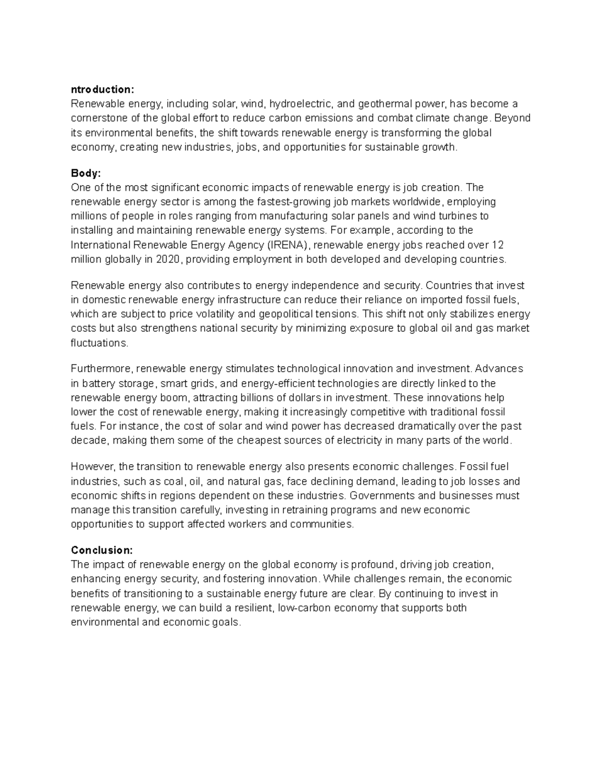 Essay 6 - the - ntroduction: Renewable energy, including solar, wind ...