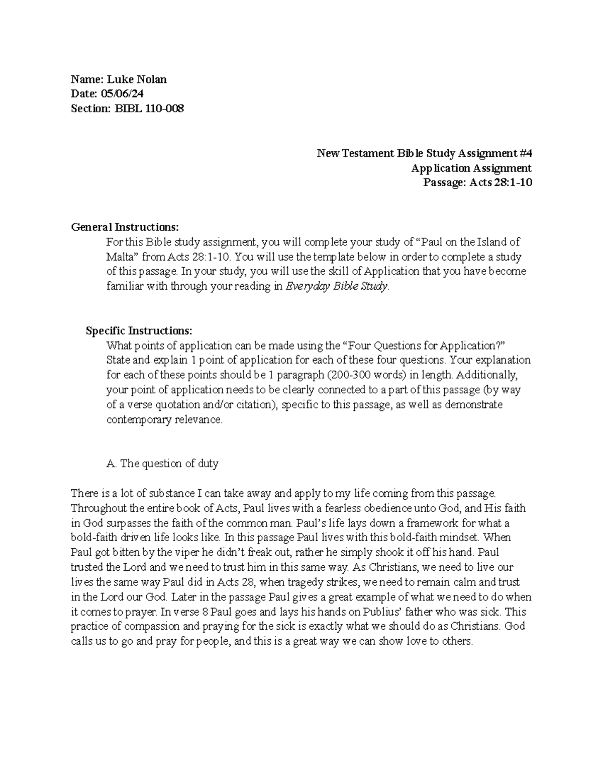 BIBL 110 Application Assignment - Name: Luke Nolan Date: 05/06/ Section ...