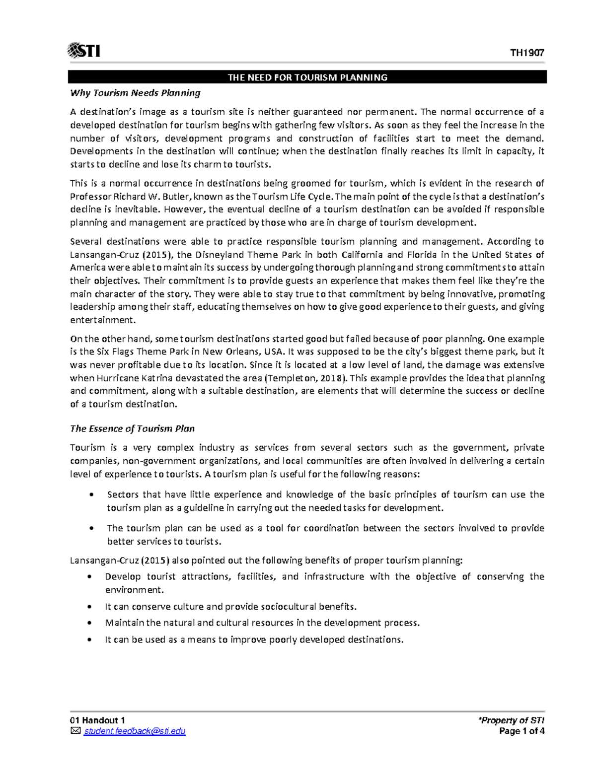 01 Handout 1(Tourism Policy) - 01 Handout 1 *Property of STI THE NEED ...