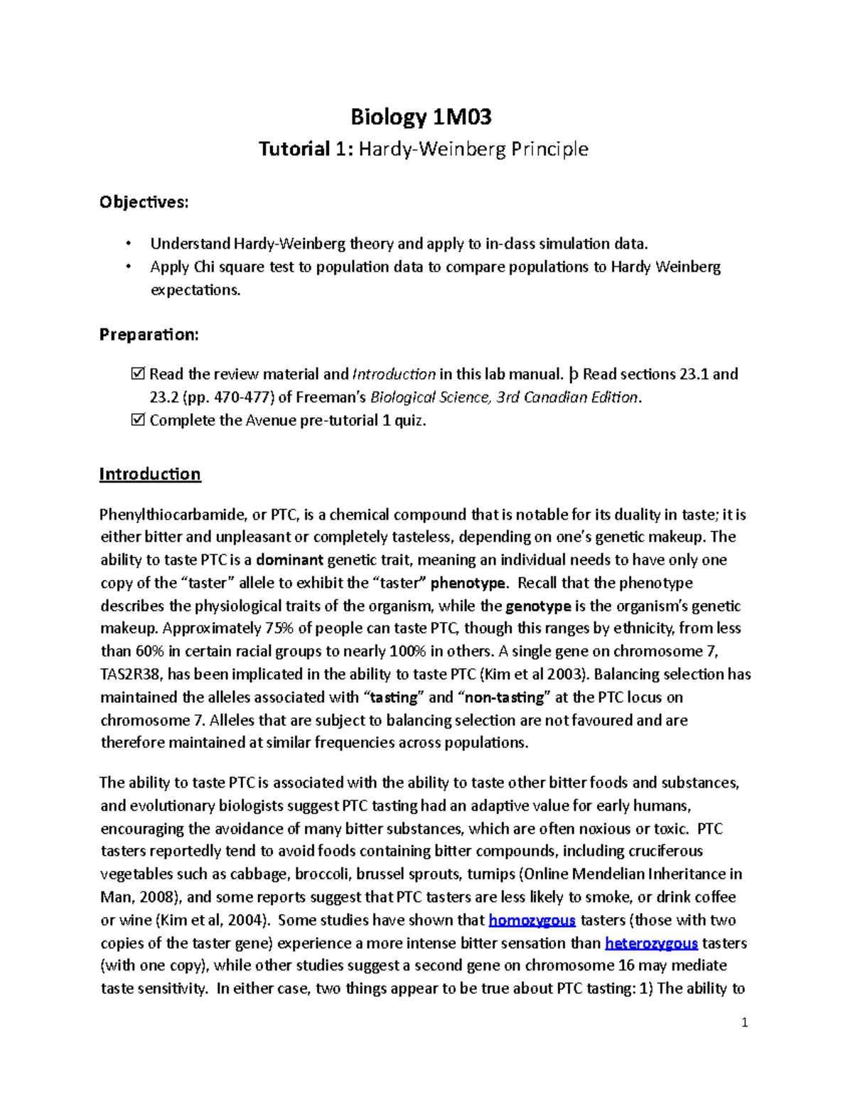 Tutorial 1 HWE Fall 2021 - Biology 1M Tutorial 1: Hardy-Weinberg Principle Objectives ...