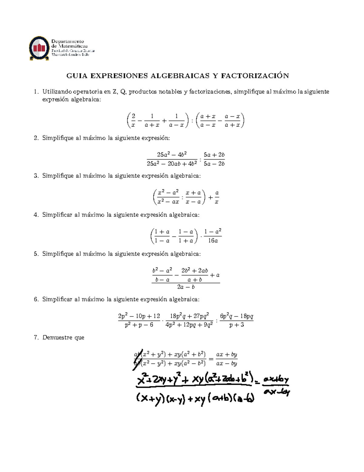 Guia propuesta Expresiones Alg y Factorizacion - GUIA EXPRESIONES ALGEBRAICAS Y FACTORIZACI ́ON ...