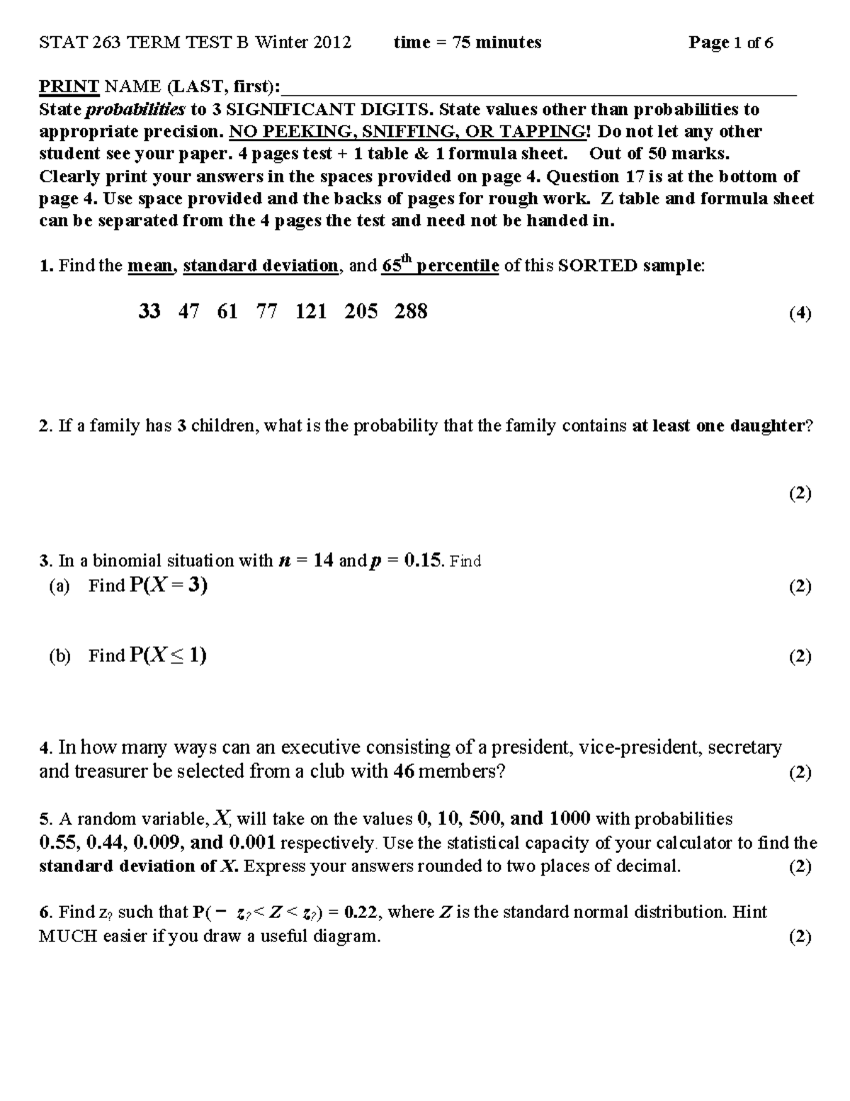 12 W Termtest 2 - STATS EXAM - ####### STAT 263 TERM TEST B Winter 2012 ...