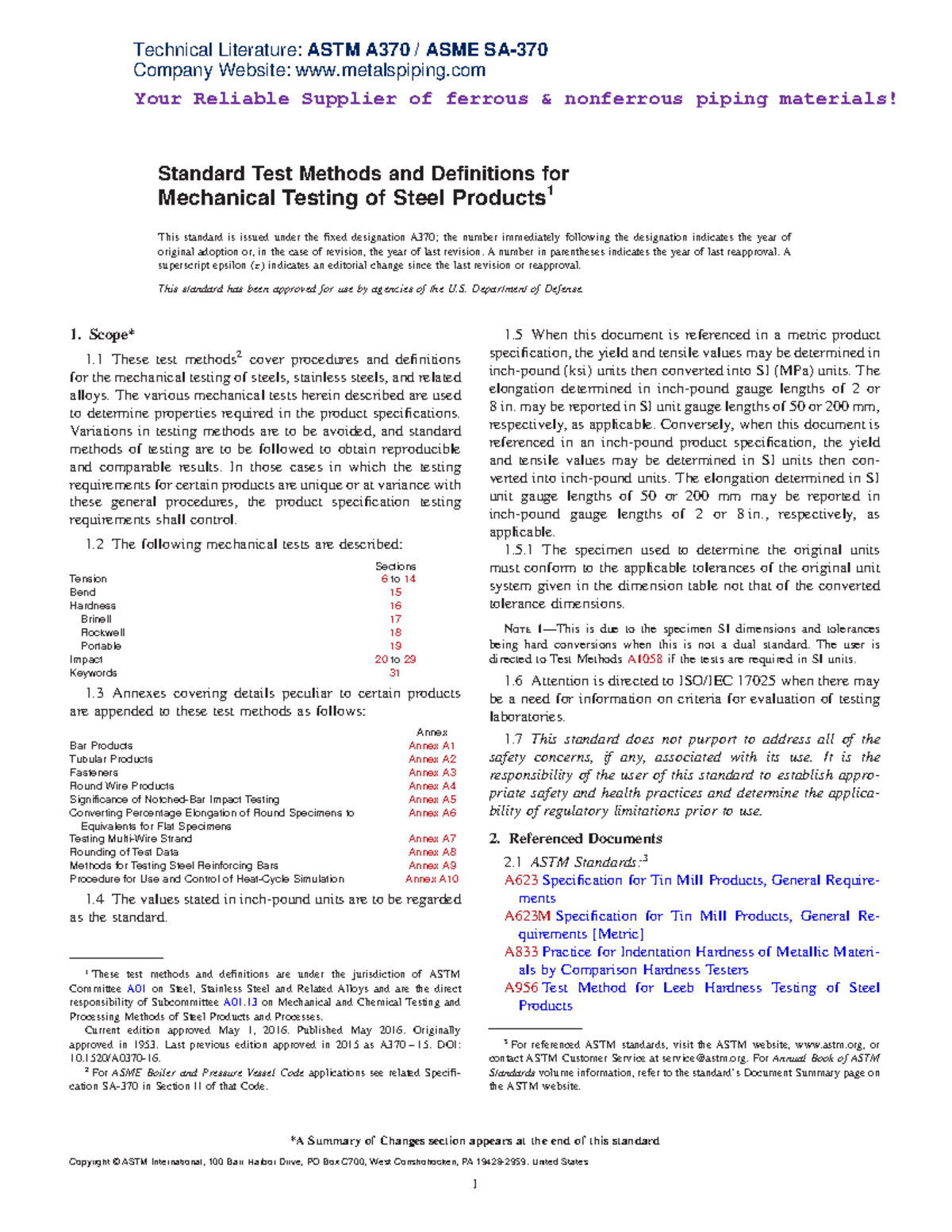 Astm a370 asme sa 370 - Standard Test Methods and Definitions for ...
