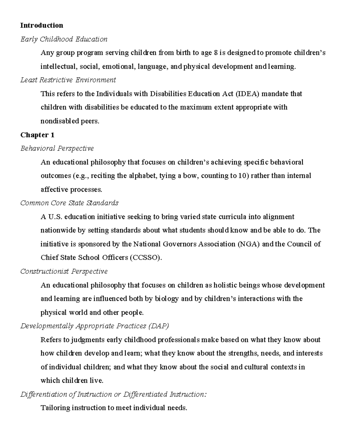 ECED 4394 Glossary Chps. 1-4, 7, 16 - Introduction Early Childhood ...