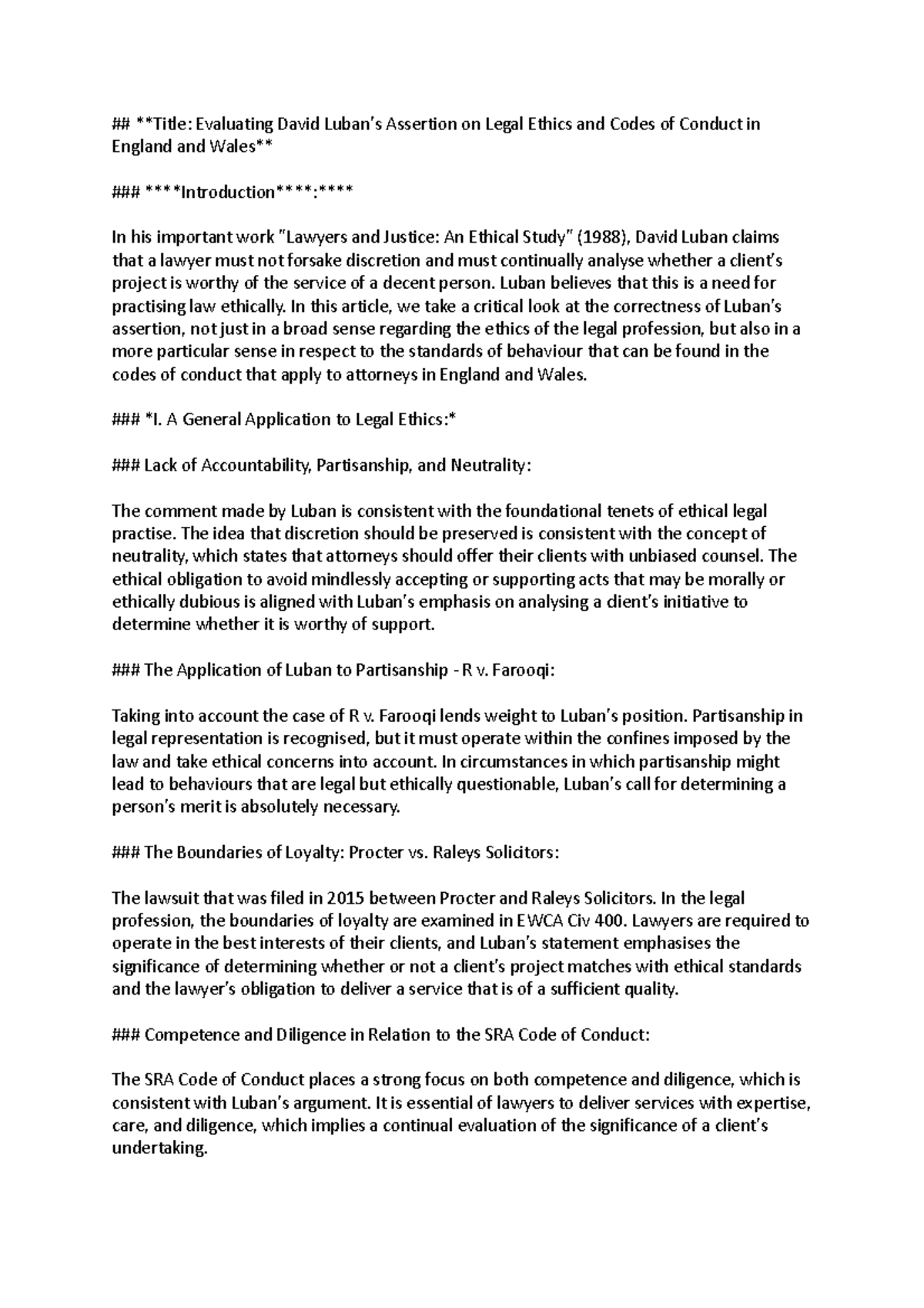 Title - legal ethics - **Title: Evaluating David Luban's Assertion on ...