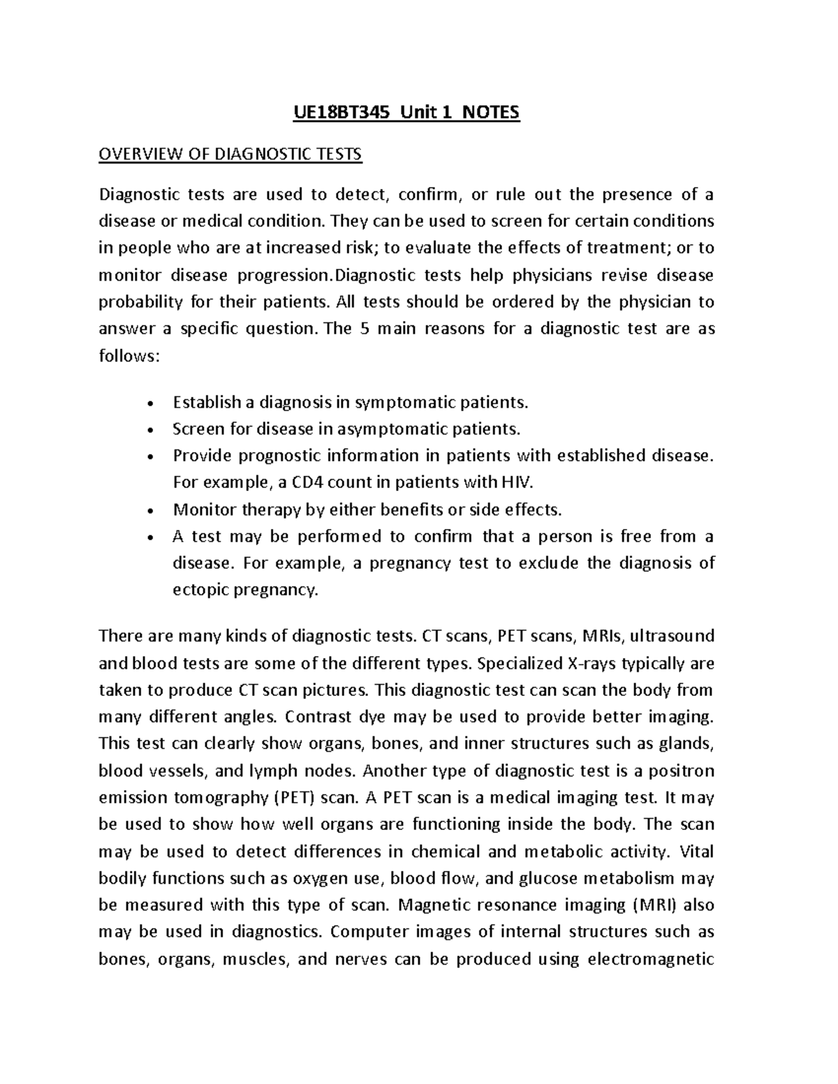 Health diagnositcs 1 - UE18BT345_Unit 1_NOTES OVERVIEW OF DIAGNOSTIC ...