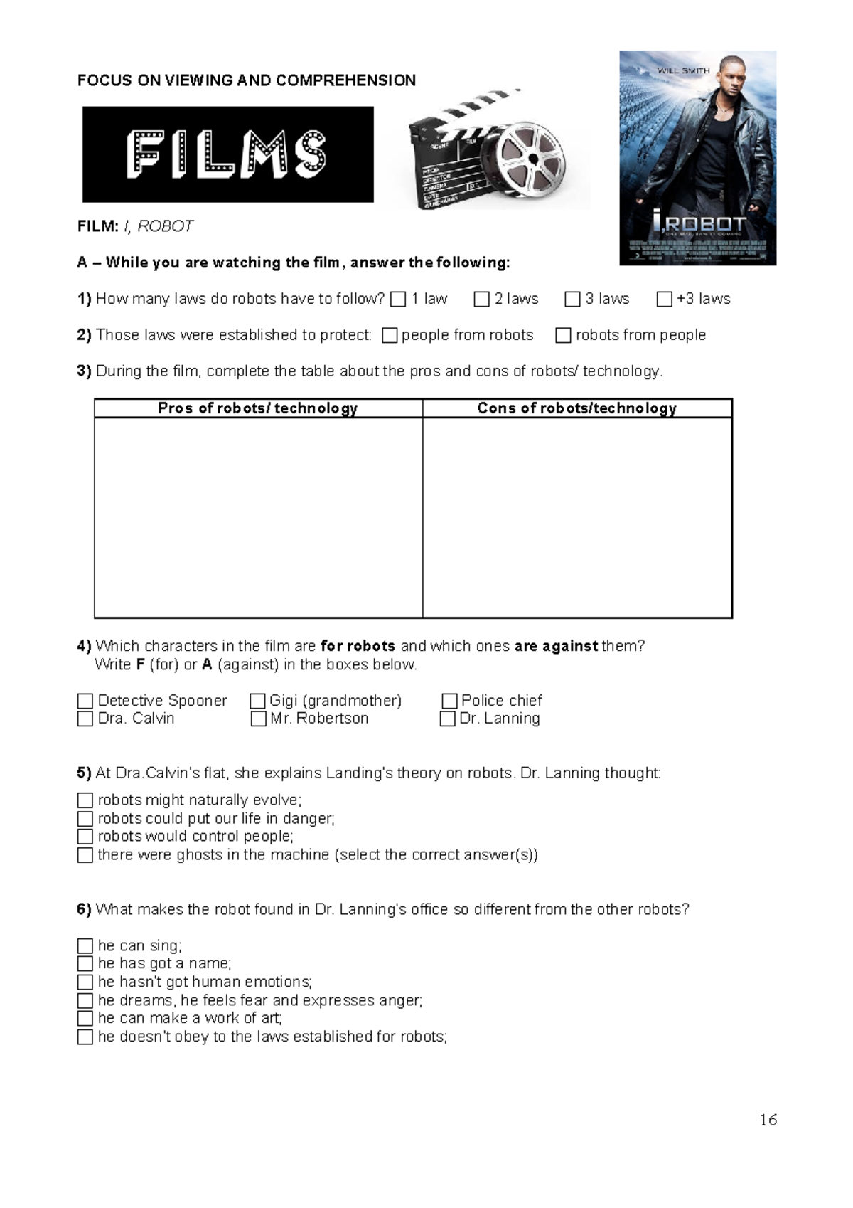 Film I robot ficha - teste - FOCUS ON VIEWING AND COMPREHENSION FILM: I ...