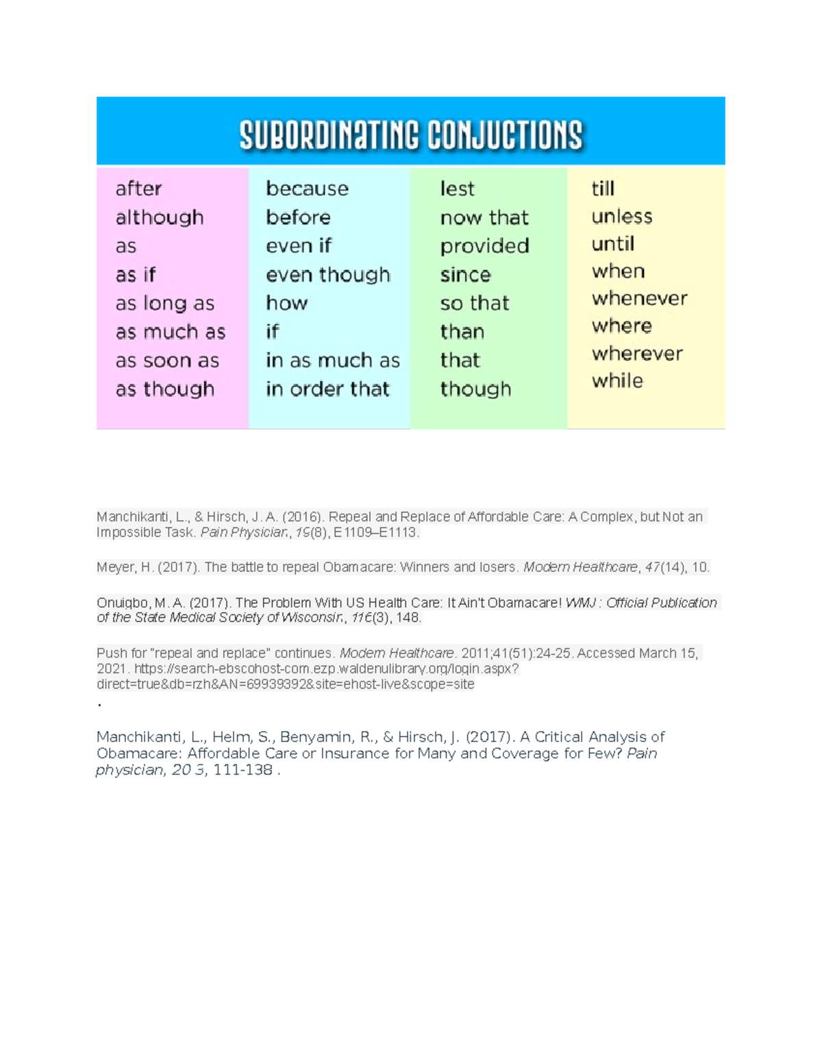 Conjunction words - Useful information - Manchikanti, L., & Hirsch, J ...