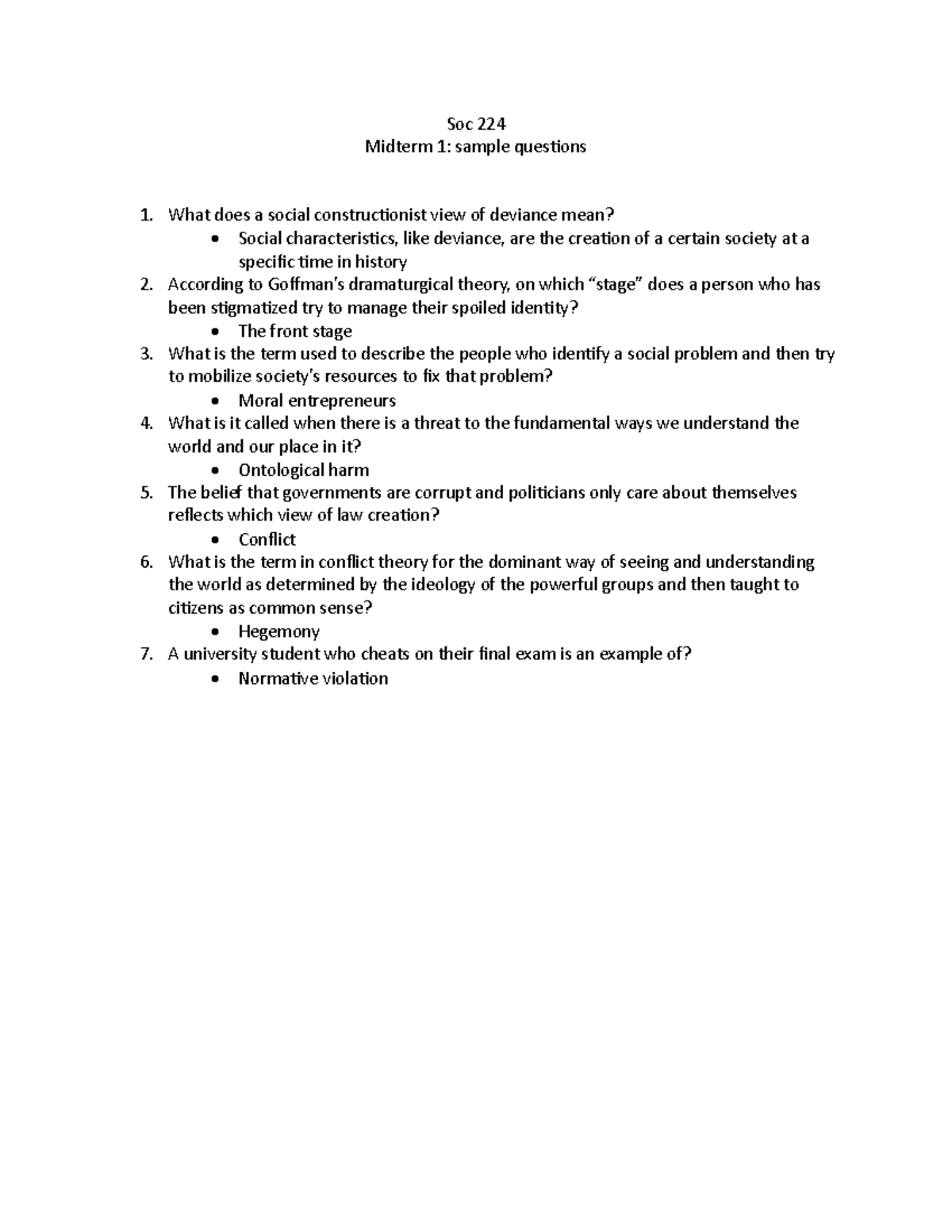 Sample questions - Soc 224 Midterm 1: sample ques琀椀ons What does a social construc琀椀onist view ...