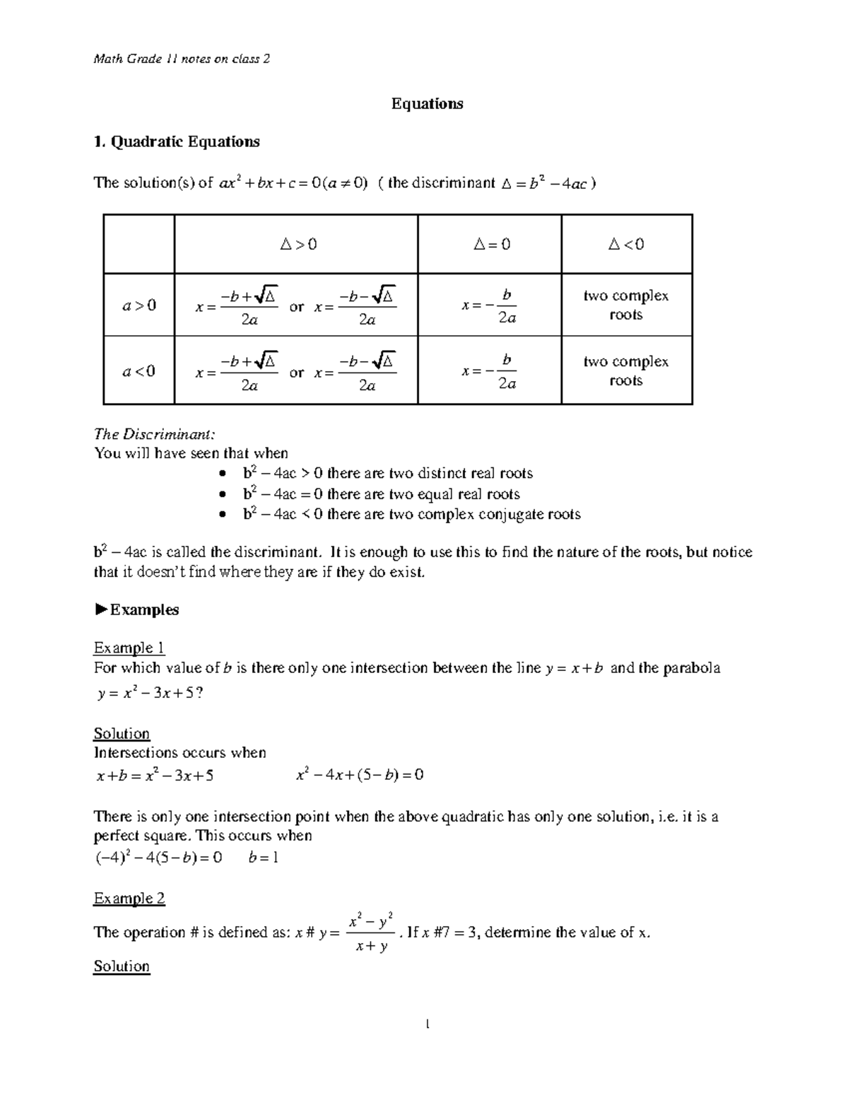 Math G11 Course notes - Equations Quadratic Equations The solution(s ...