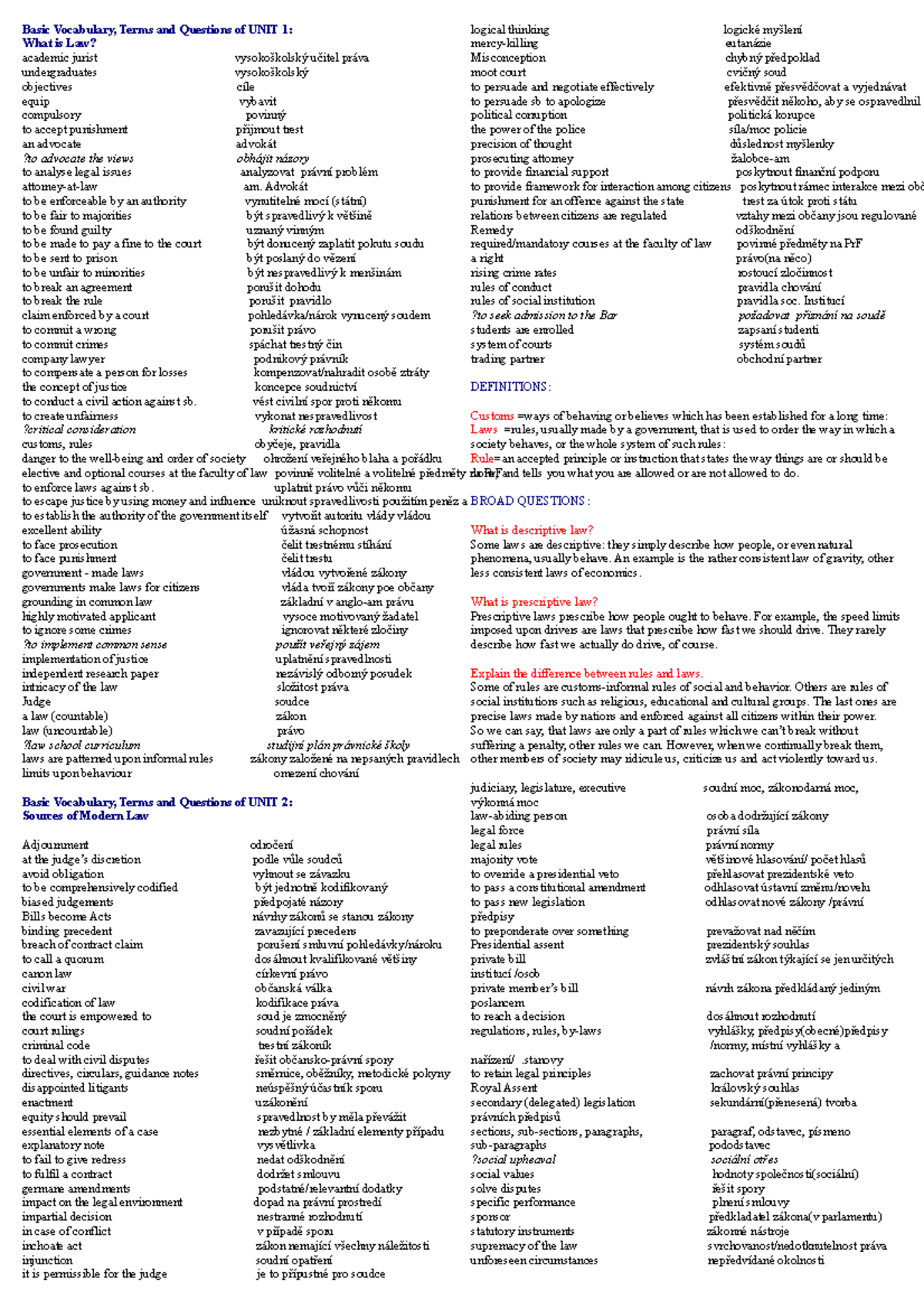 K zápočtu - Anglictina - Basic Vocabulary, Terms and Questions of UNIT ...