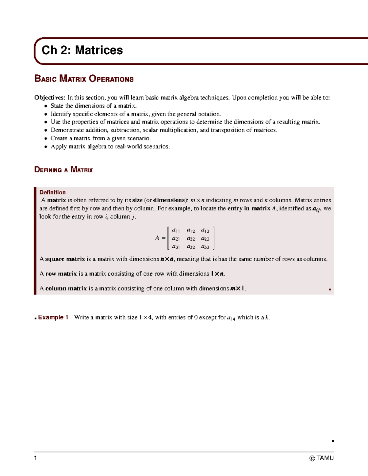 Math 140 Lecture Notes Matrices Spring 2020 - Ch 2: Matrices B asic M ...