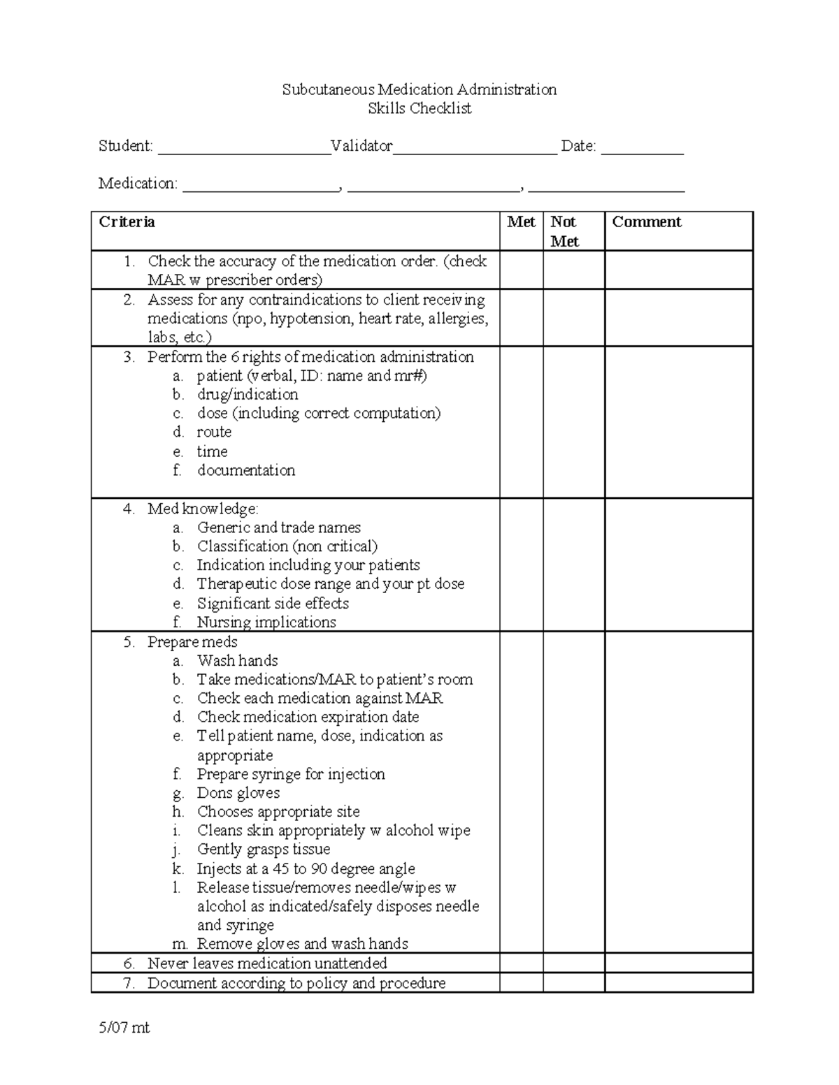 Subcutaneous-medication-checklist 000 - 5/07 mt Subcutaneous Medication ...