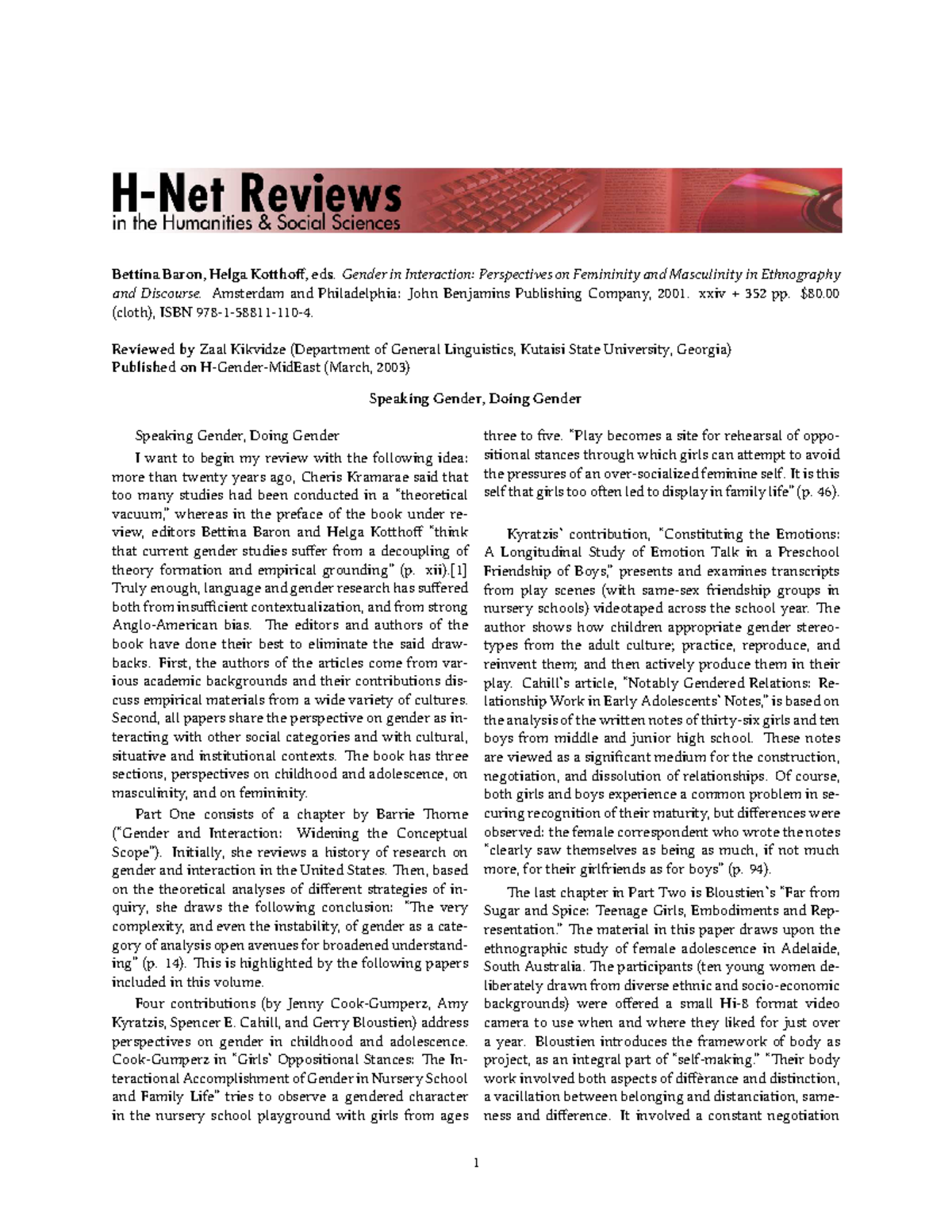 Speaking Gender Doing Gender - Bettina Baron, Helga Kotthoff, eds in ...