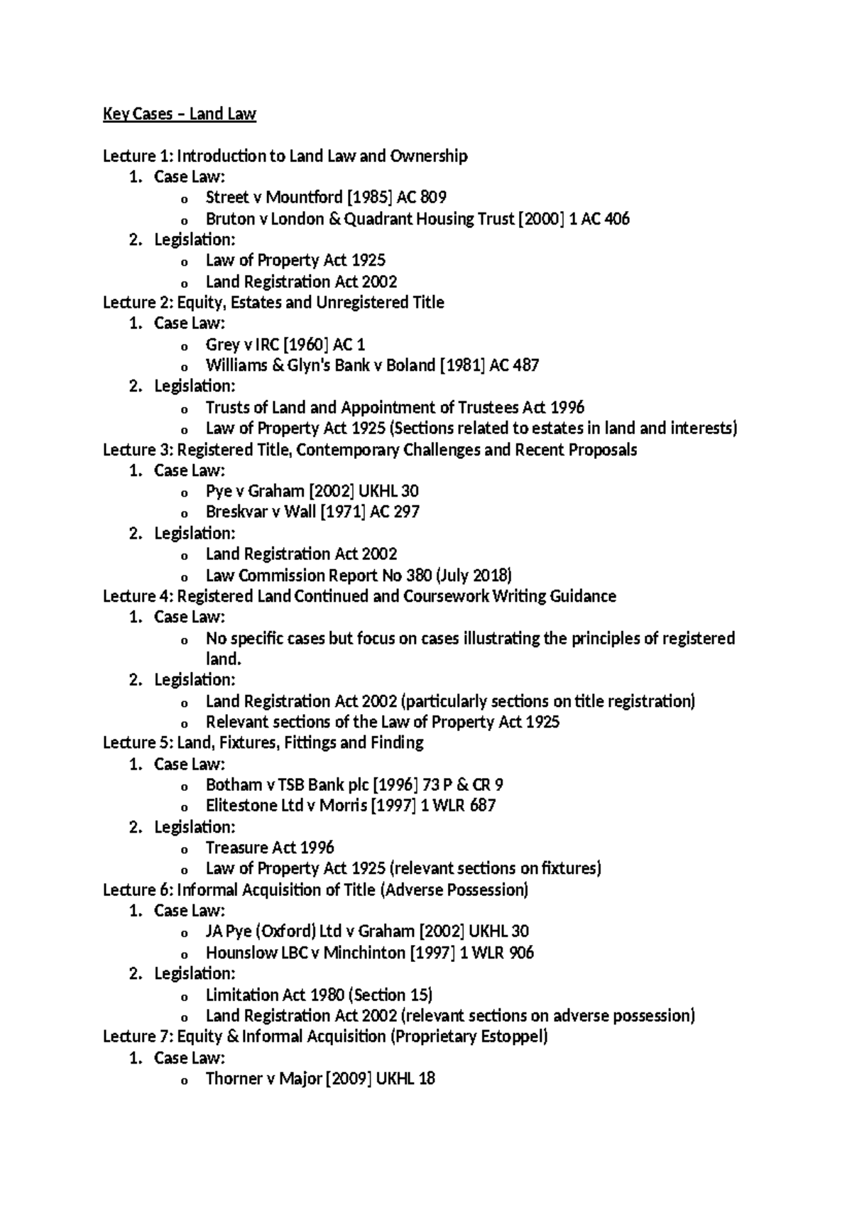 Key Cases – Land Law - Key Cases – Land Law Lecture 1: Introduction to ...