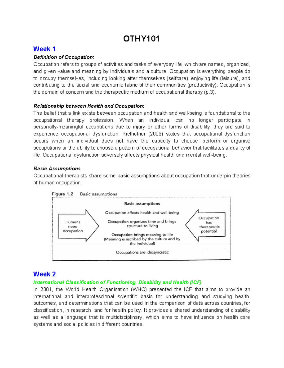OTHY101 Revision Sheet - OTHY Week 1 Definition of Occupation ...