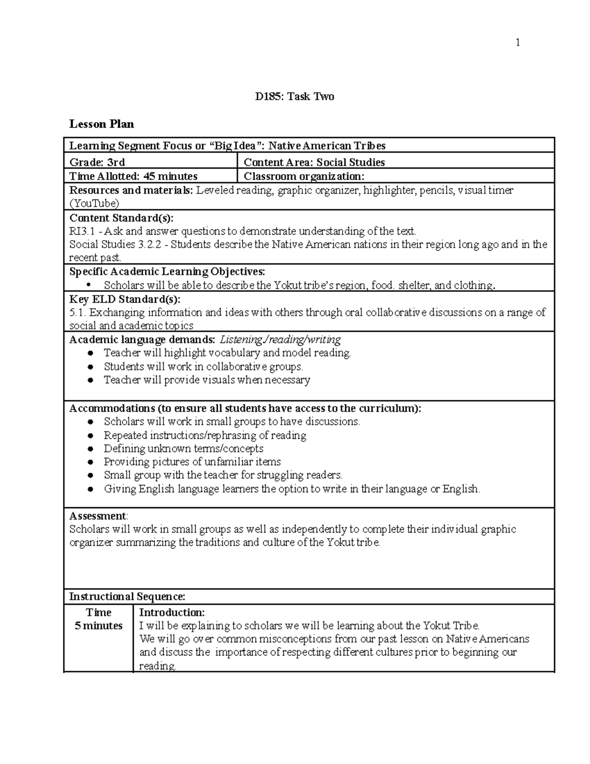 D185 Task Two Example - D185: Task Two Lesson Plan Learning Segment ...