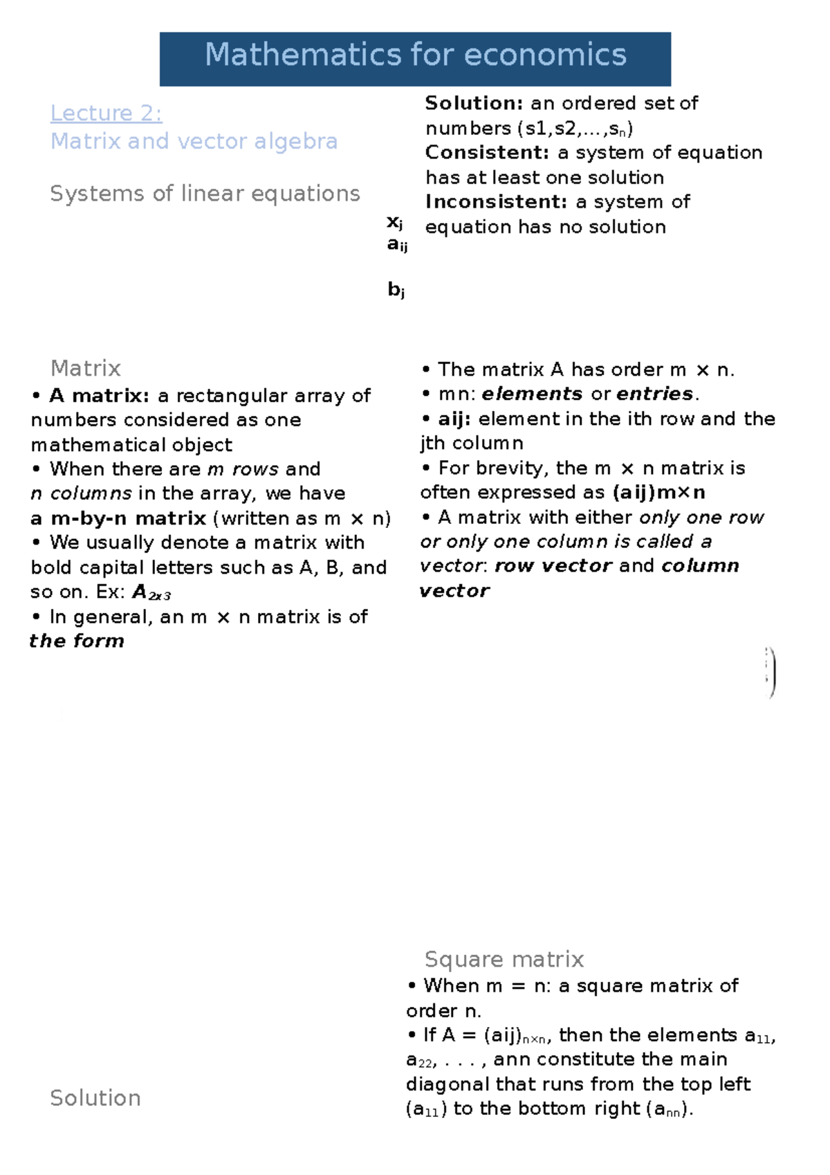 Lecture 2 - Tai lieu tham khao - Lecture 2: Matrix and vector algebra Systems of linear ...