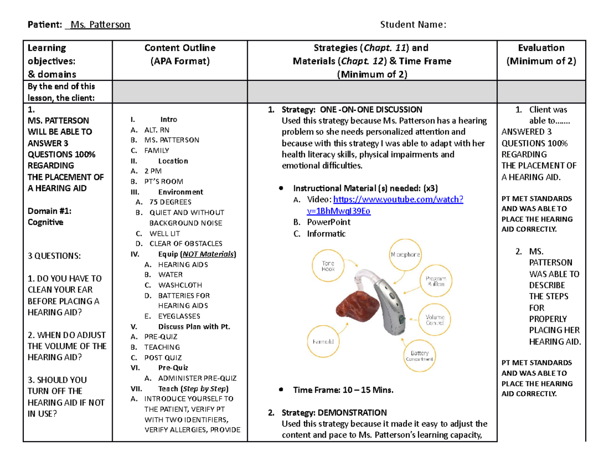 Teaching PLAN FOR Placing Hearing AID - Patient: _Ms. Patterson Student ...
