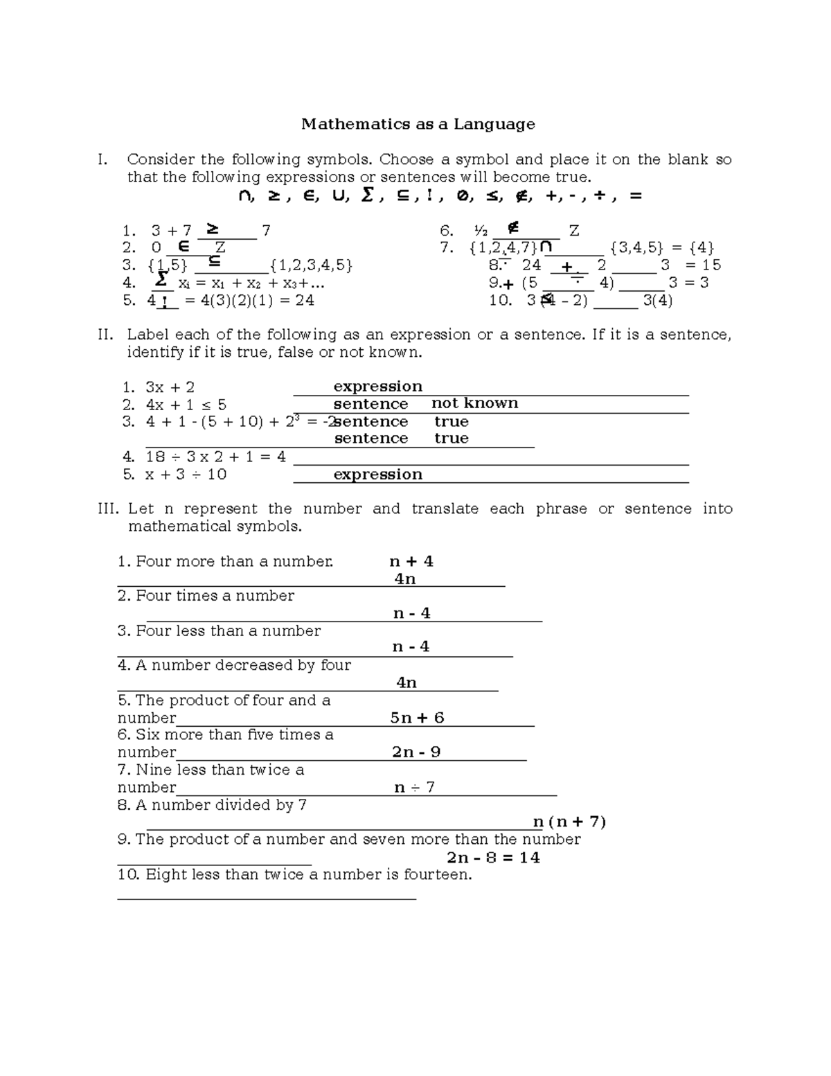 Mathematics as a Language - Consider the following symbols. Choose a symbol and place it on the ...
