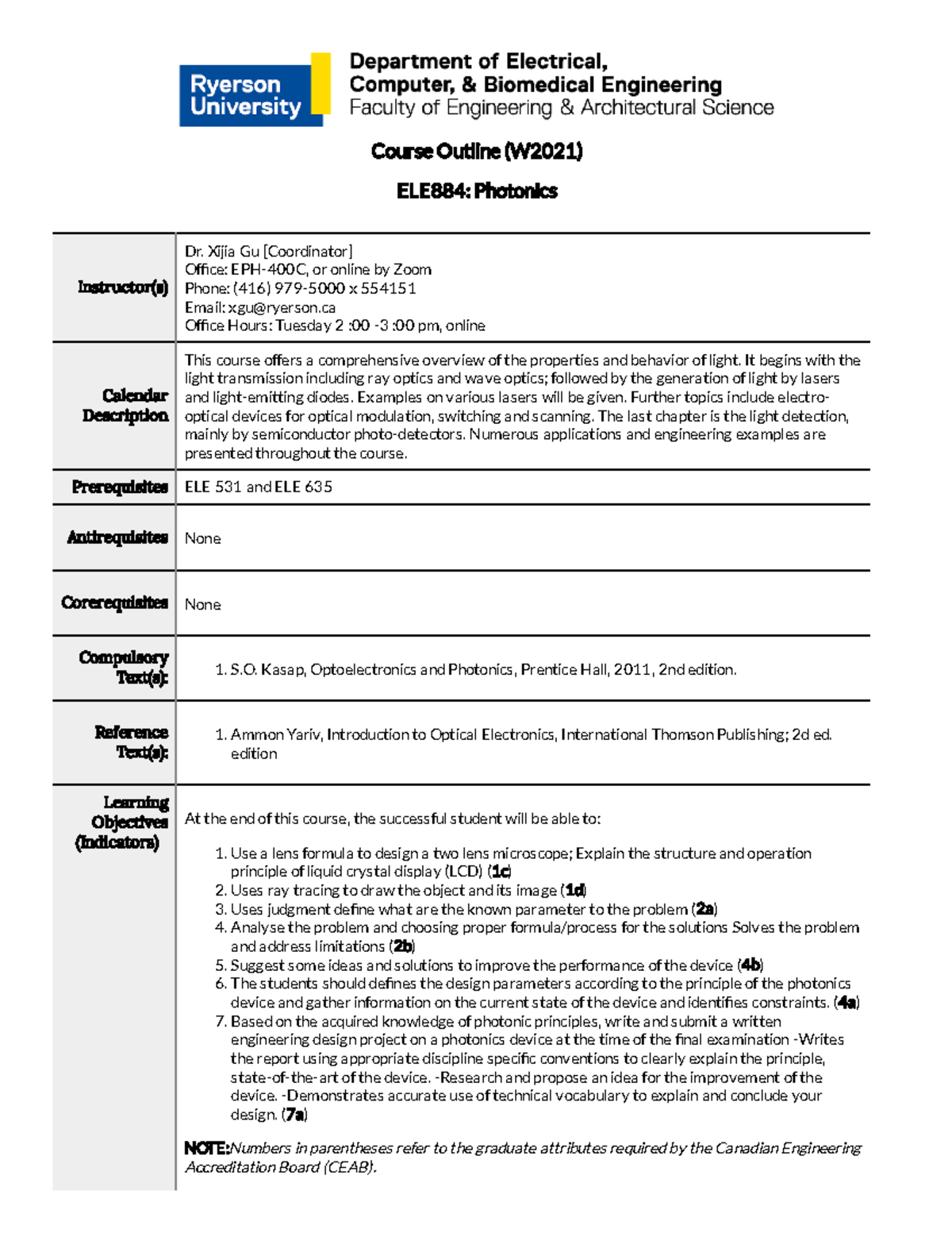 ELE884 course outline - syallabus - Course Outline (W2021) ELE884 ...