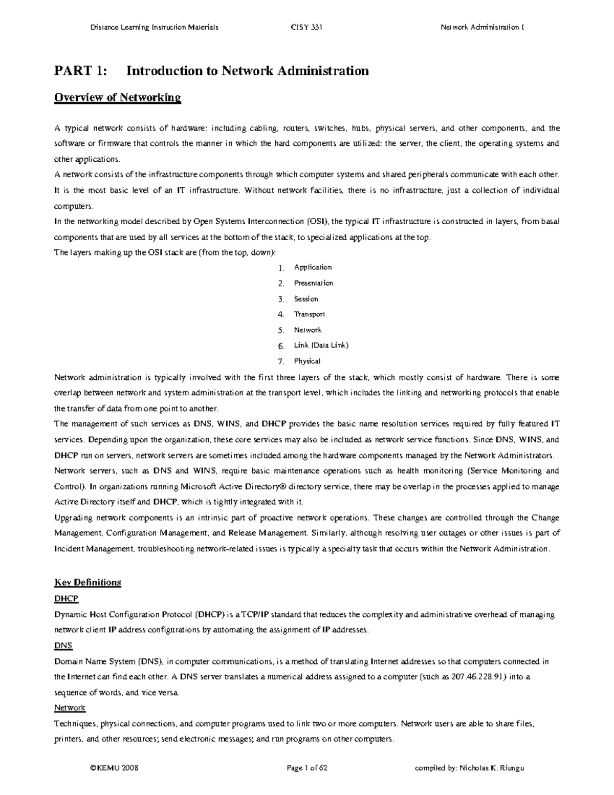BBIT 445 CISY 331 Network Administration I Module 1 - PART 1: Introduction to Network ...