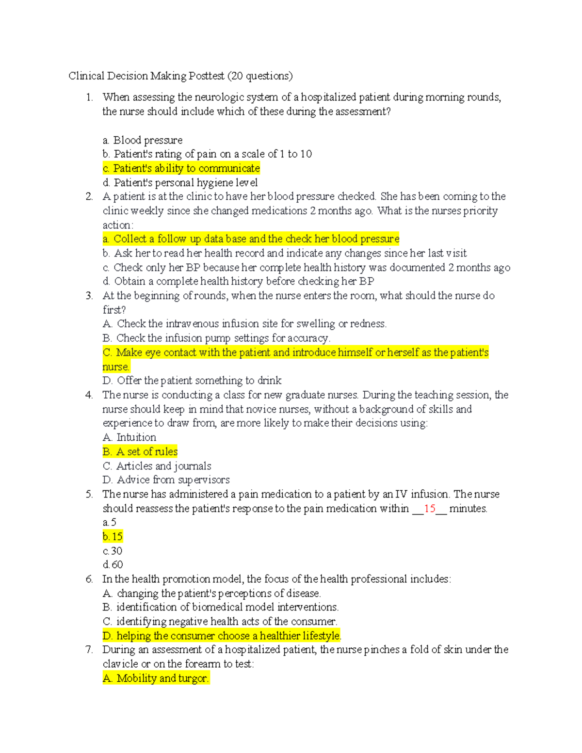 Nursing Posttest - Clinical Decision Making Posttest (20 questions ...