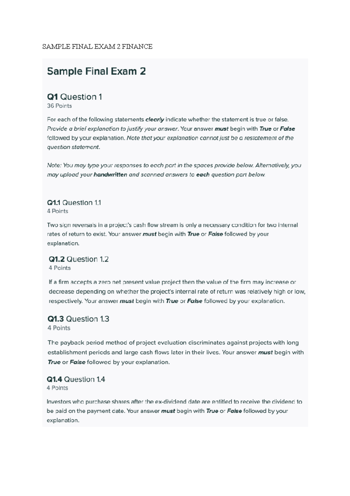 Sample Final EXAM 2 Finance - FNCE10002 - SAMPLE FINAL EXAM 2 FINANCE ...