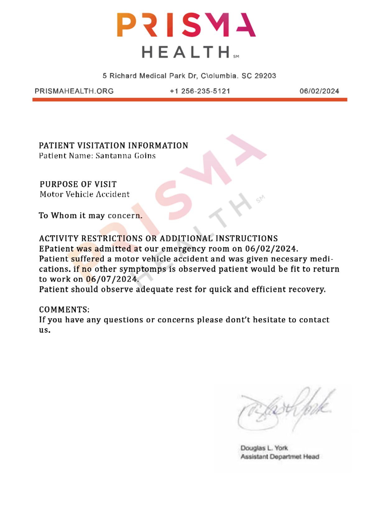 Prisma Doc Note - PRISMA HEALTH SM 5 Richard Medical Park Dr, SC 29203 ...