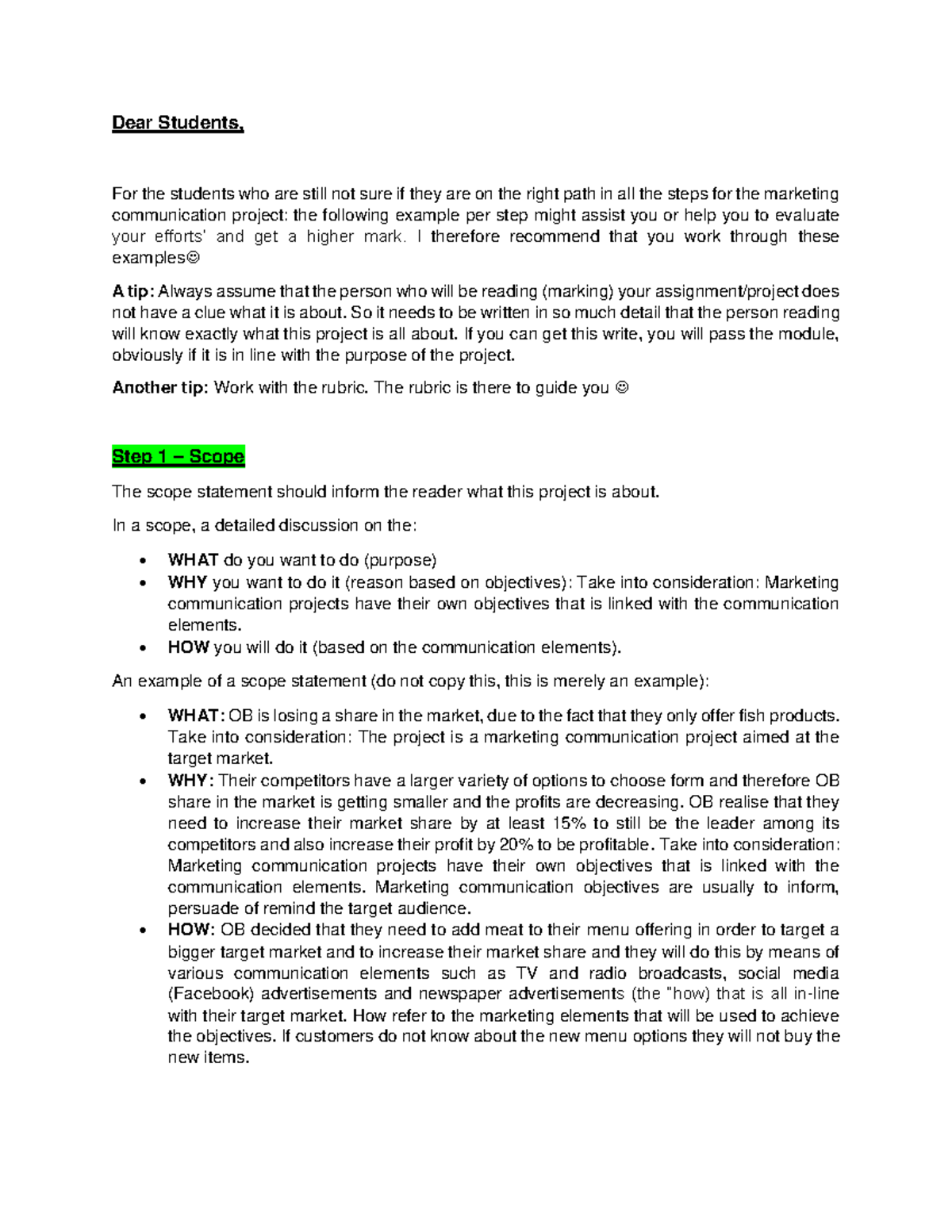 Examples per step for the final Project - Dear Students, For the ...