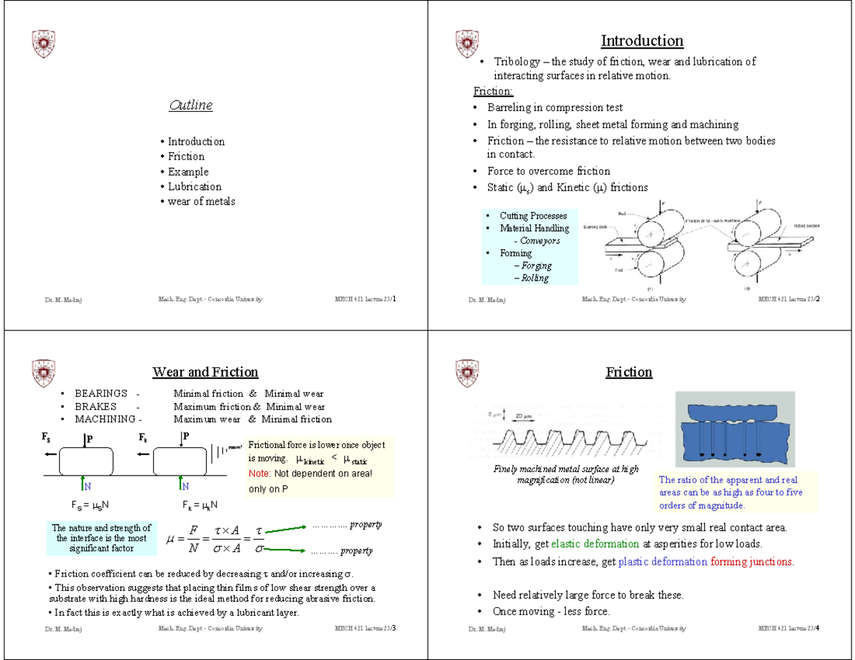 Lecture 24 friction and lubrication MECH 421 - Dr. M. Medraj Mech. Eng ...